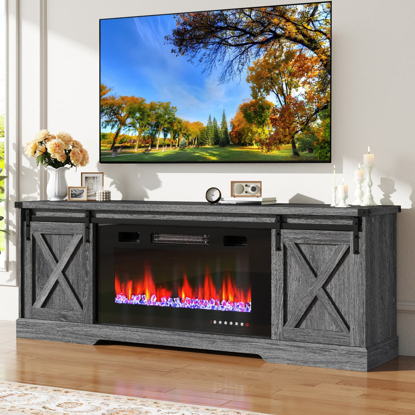 Farmhouse TV Stand with 36” Fireplace for 70/75/80 Inch TVs, 70 inch ...