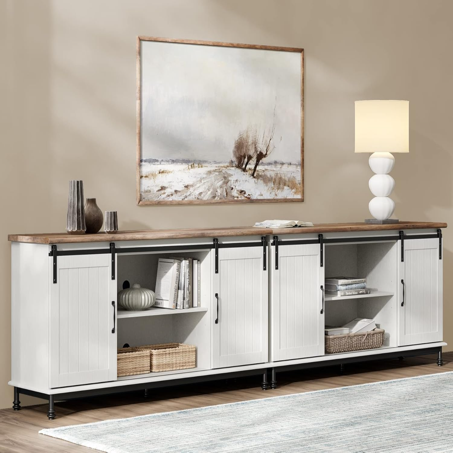 Farmhouse TV Stand for 70 Inch TV Entertainment Center with Sliding ...