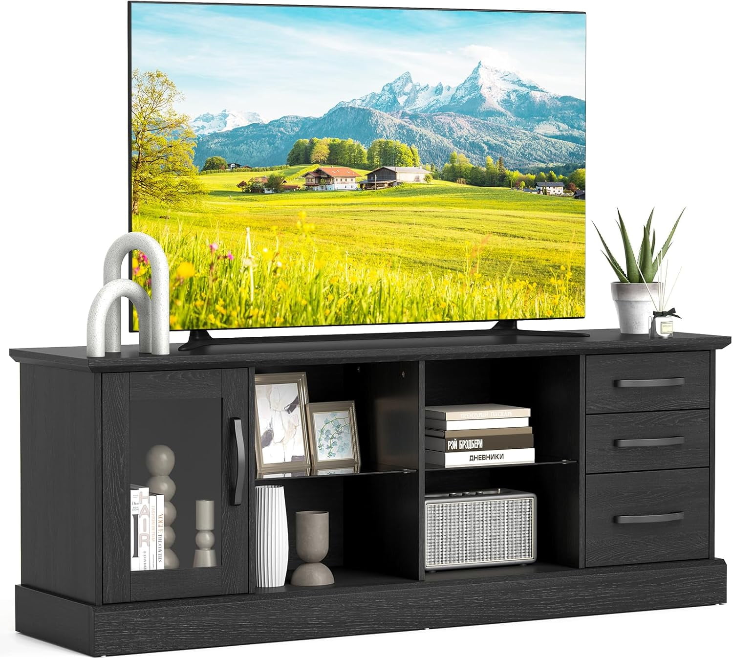Farmhouse TV Stand for 73 Inch TV, Wood TV Console Table w/Removable ...