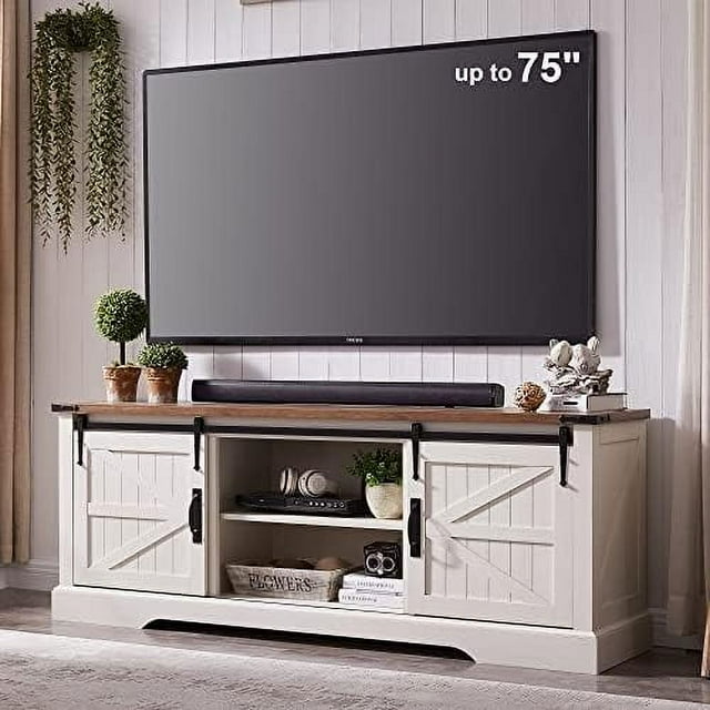 Farmhouse TV Stand for 75 Inch TV with Sliding Barn Door Rustic Wood ...