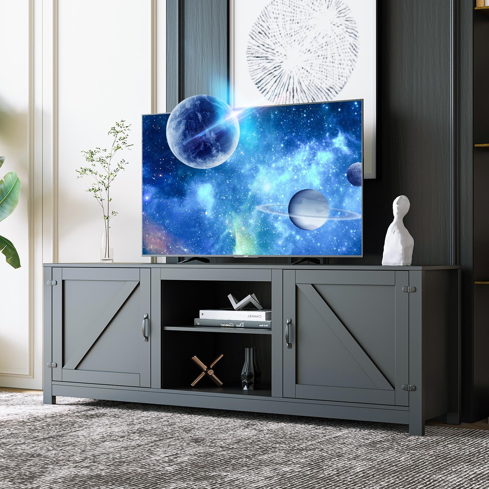 Farmhouse TV Stand for 75 Inch TV, Black Entertainment Center with Barn ...