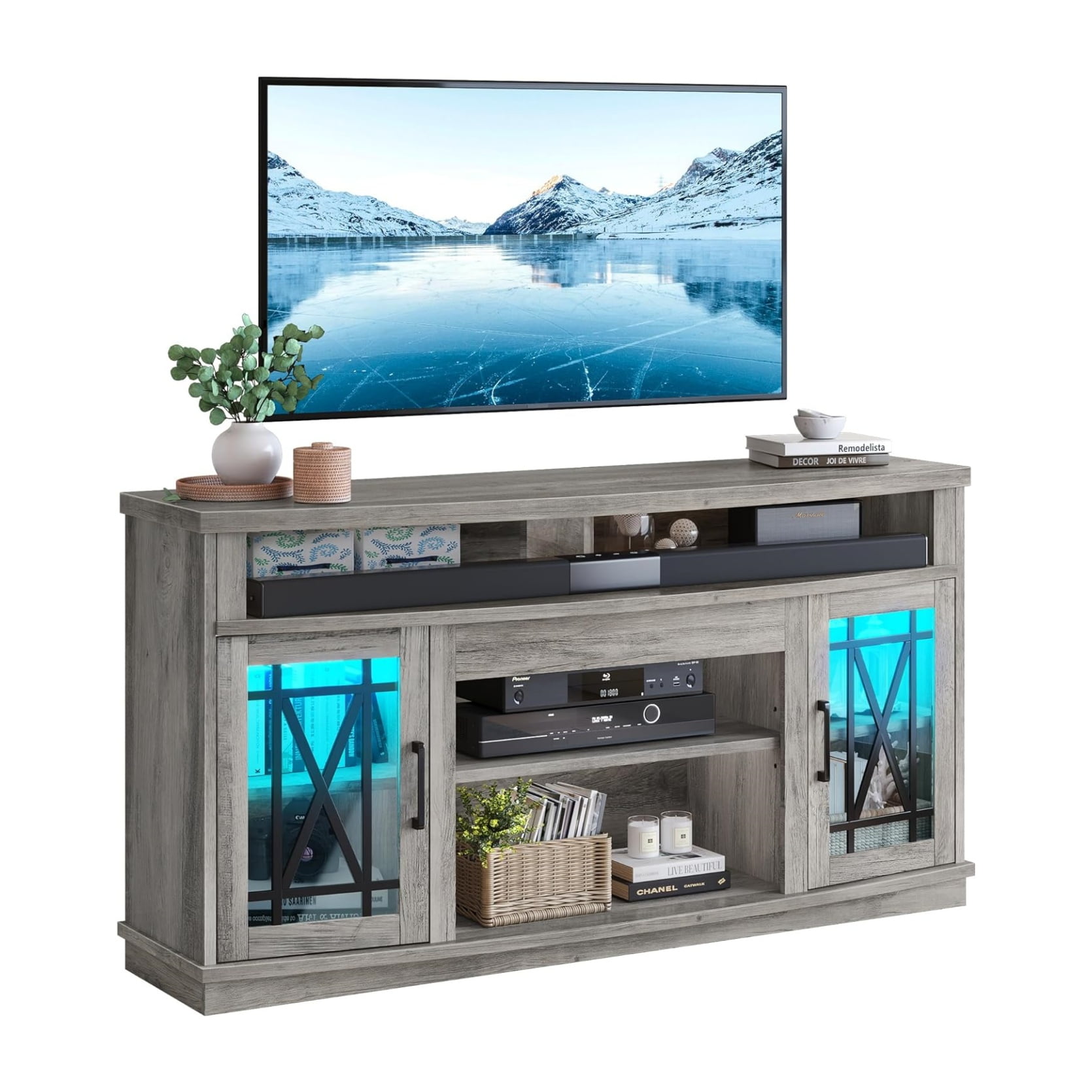 Farmhouse TV Stand for 75 Inch TV, Entertainment Center with Storage ...