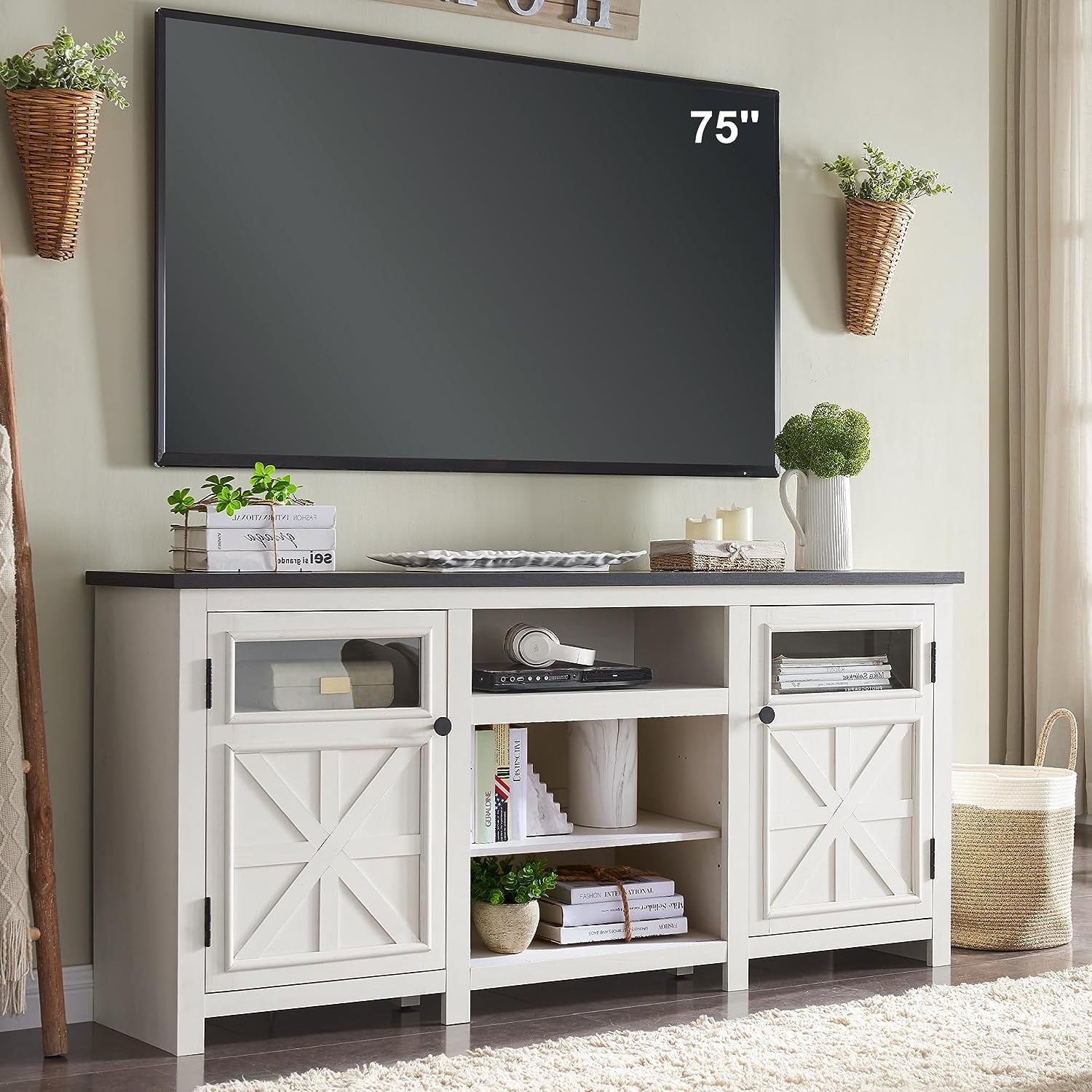 Farmhouse TV Stand for 75 Inch TV, Entertainment Center with Storage ...