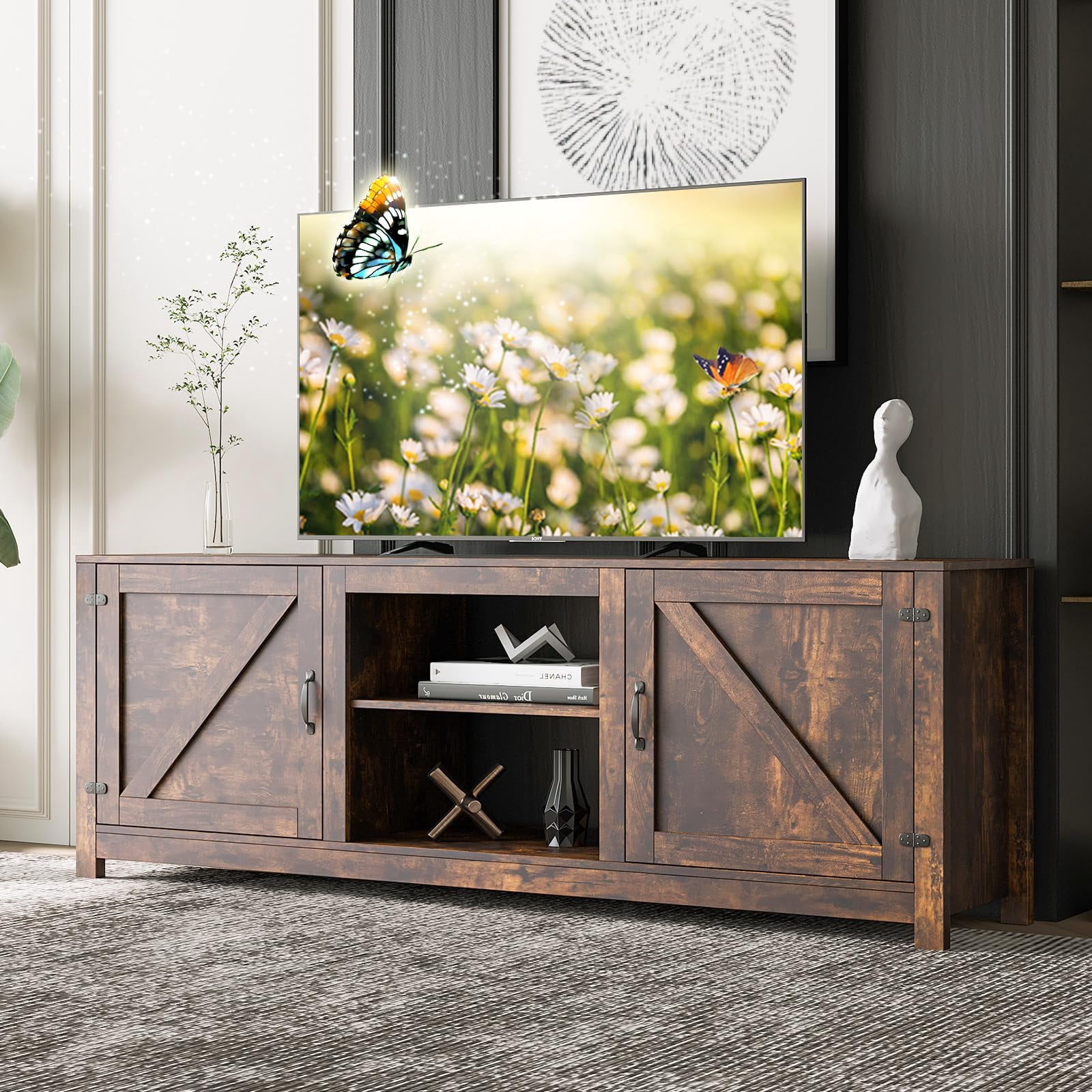 Farmhouse TV Stand for 75 Inch TV, Rustic Entertainment Center with ...