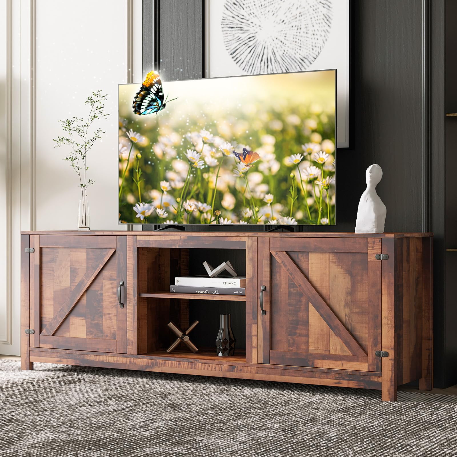 Farmhouse TV Stand for 75 Inch TV, Rustic Entertainment Center with ...