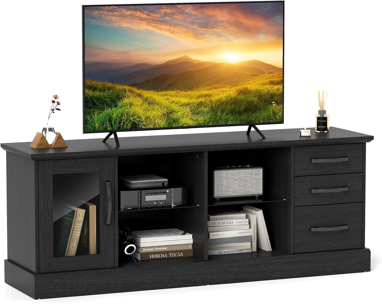 Farmhouse TV Stand for 75 Inch TVs, 63” Media Console Table with 3 ...