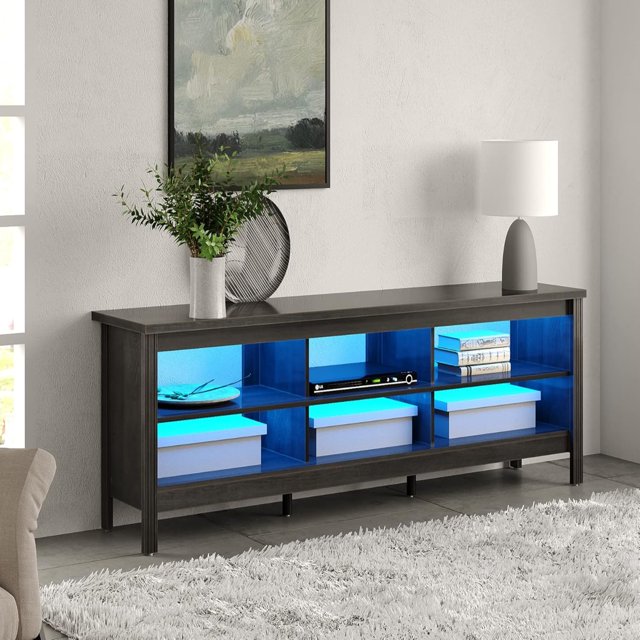 Farmhouse TV Stand for 75 inch TV with LED Lights Wood Entertainment ...