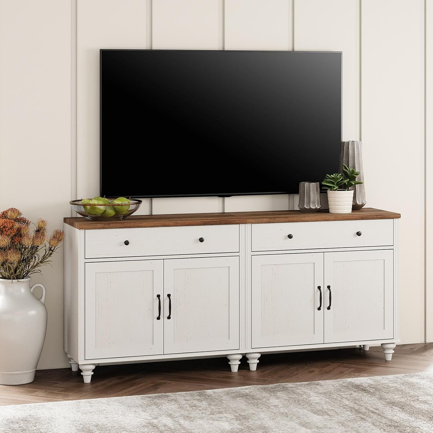 Farmhouse TV Stand for 75 inch TV with 4 Doors and 2 Drawers, Wood ...