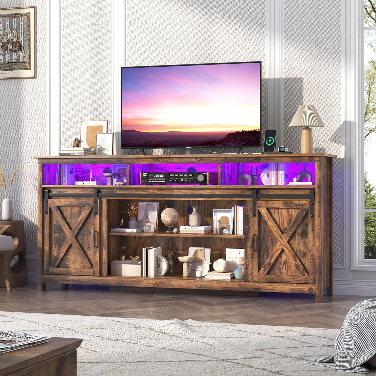 Farmhouse TV Stand for 80/75 Inch TV with Power Outlet, Entertainment ...