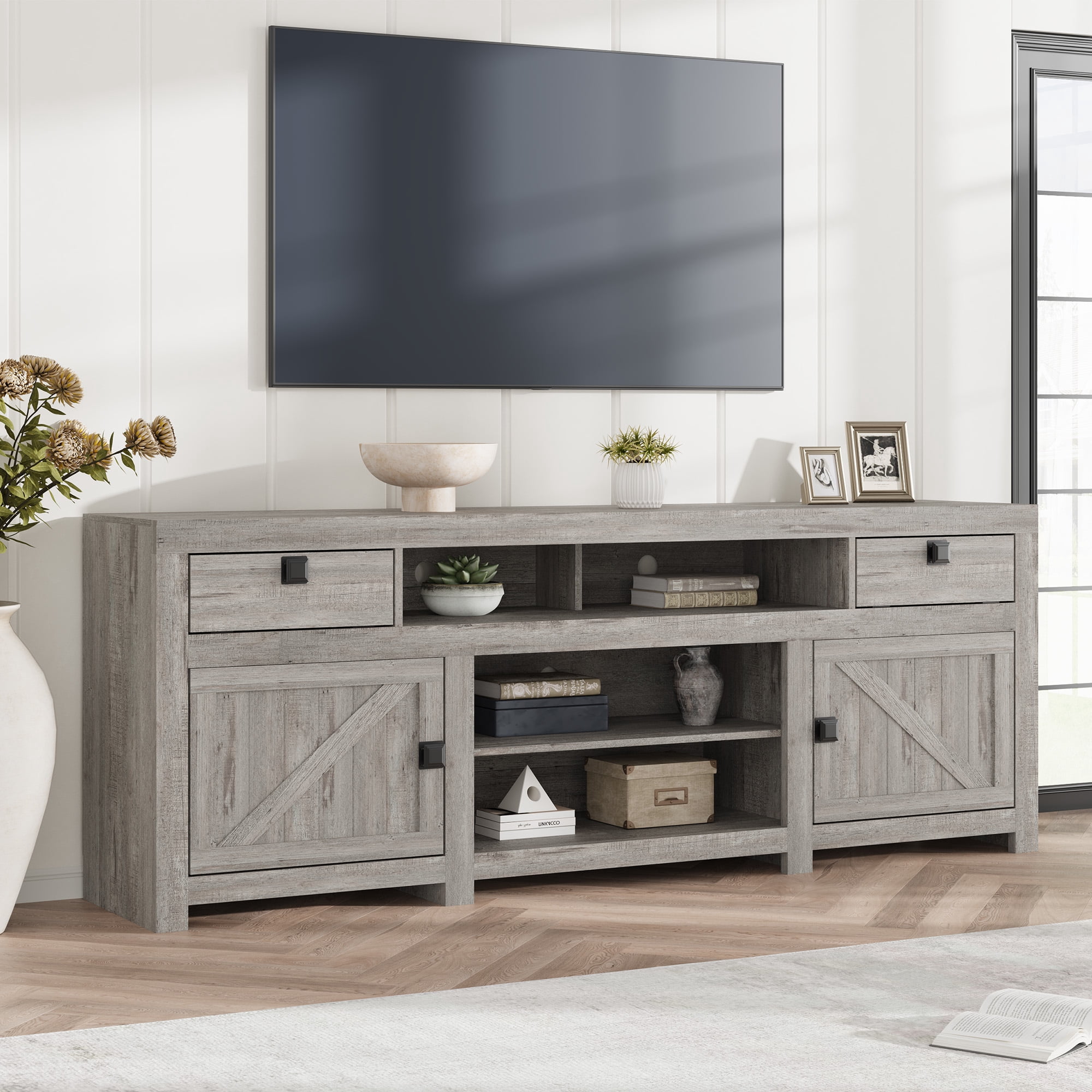 Farmhouse TV Stand for 80 Inch TVs, Long Entertainment Center with 4 ...