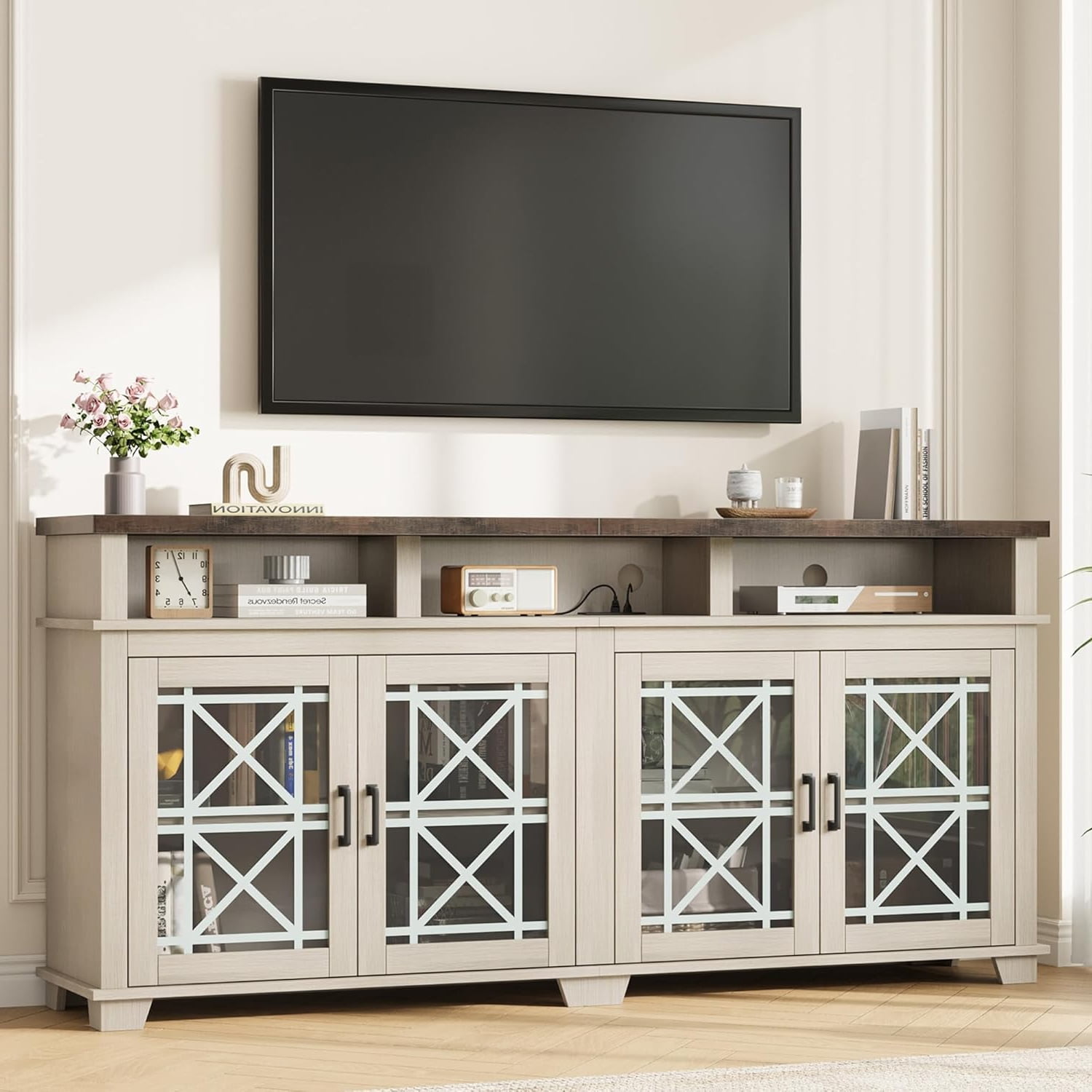 Farmhouse TV Stand for 80 inch, Mid Century Modern Entertainment Center ...