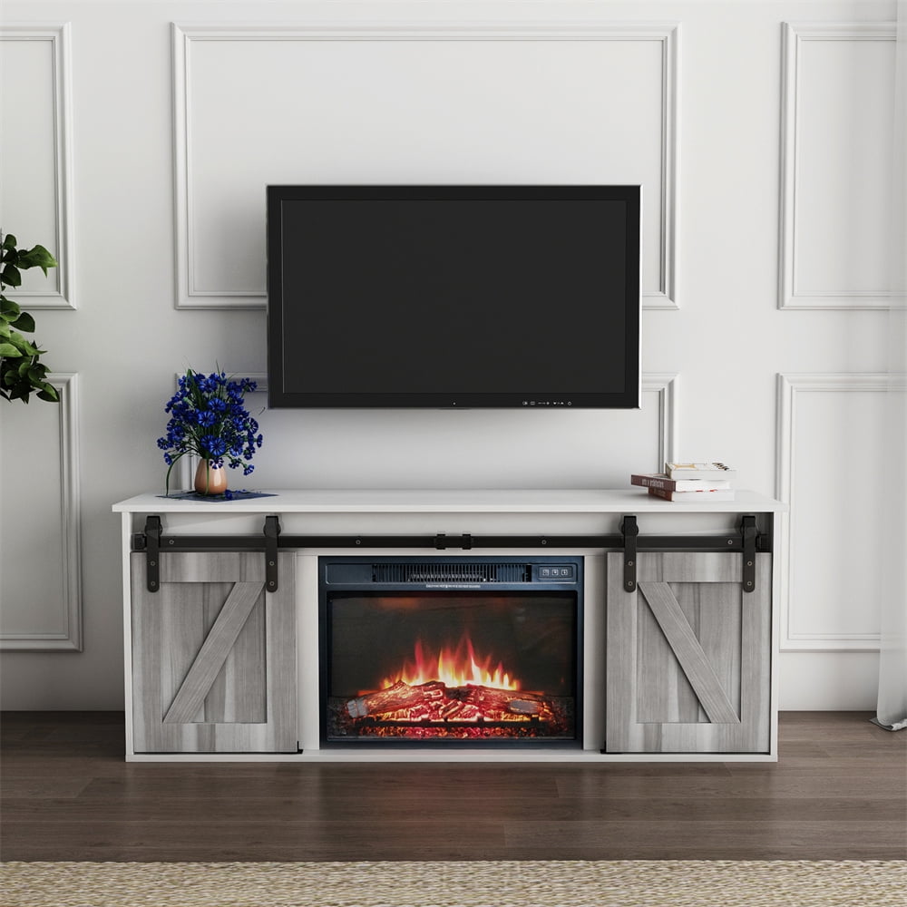 Farmhouse TV Stand with Electric Fireplace for TV up to 65 Inch, Wood ...
