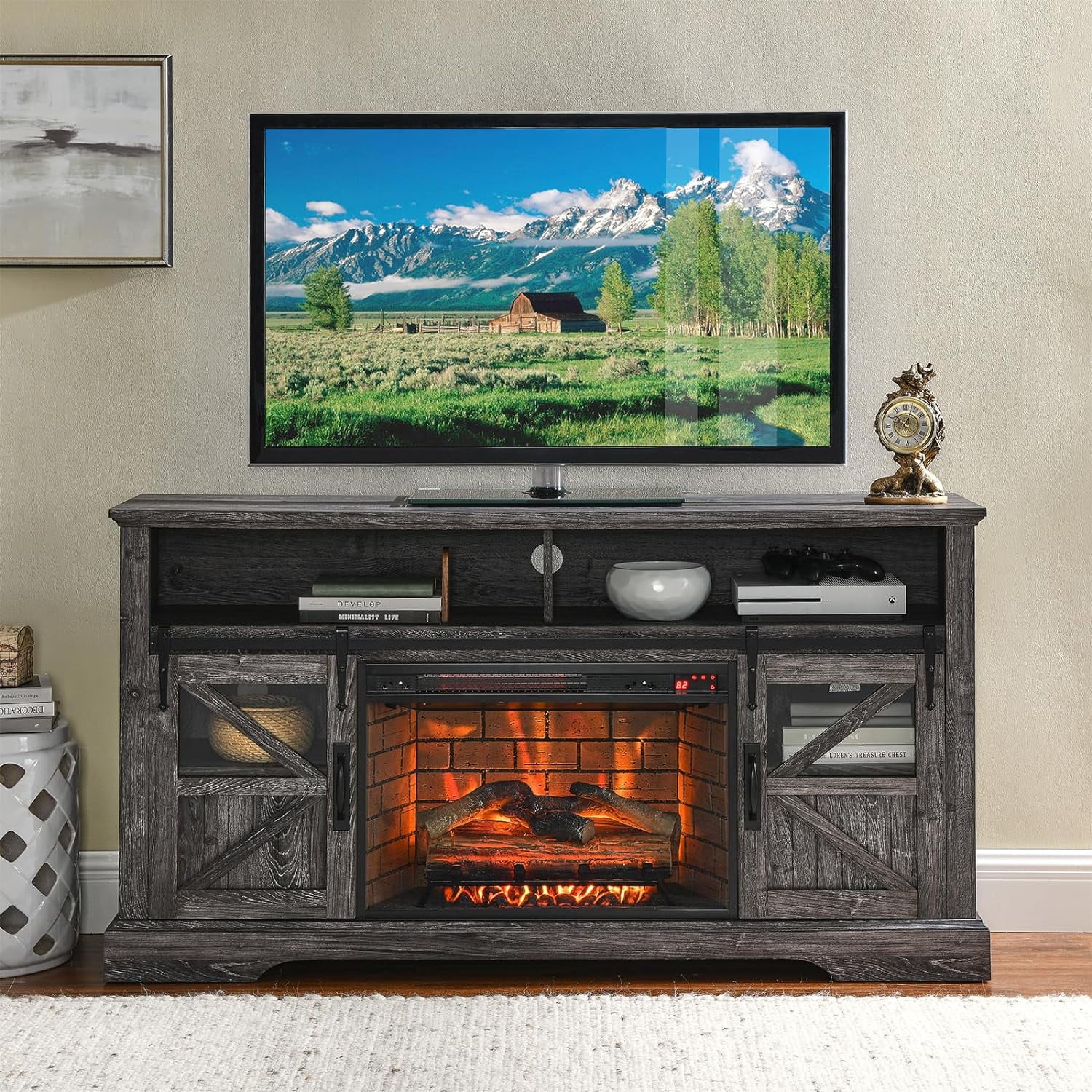 Farmhouse TV Stand with Electric Fireplace Heater for 60" 65" 70” TV ...