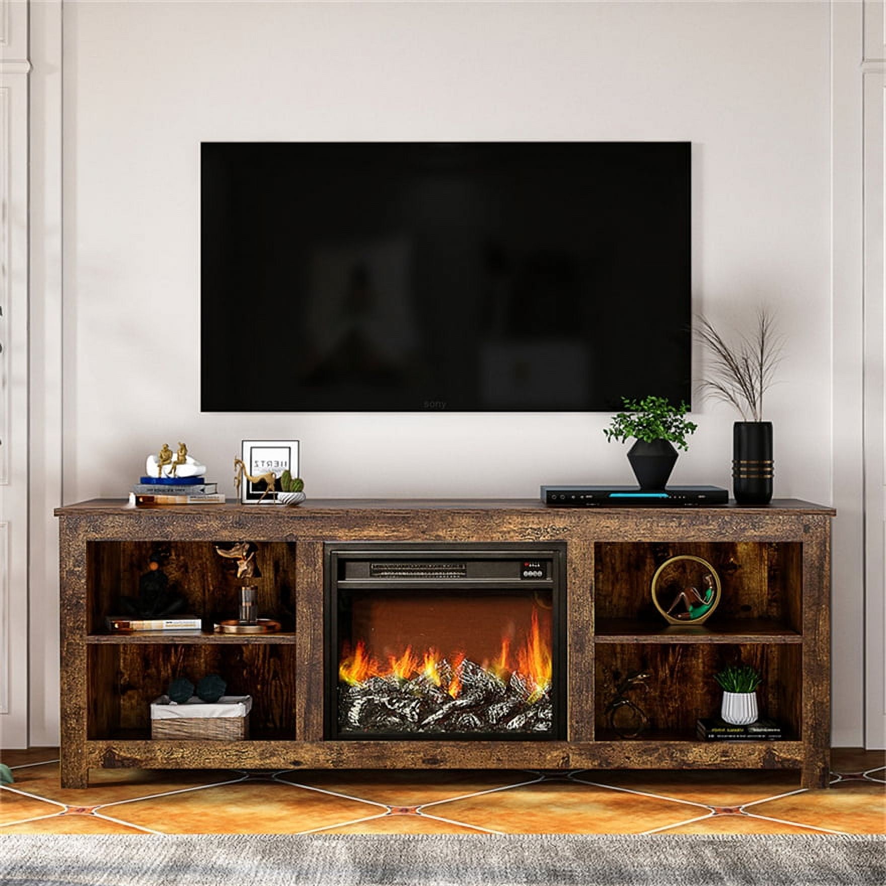 Farmhouse TV Stand with Electric Fireplace for TVs up to 55", Classic 4 Cubby Fireplace TV Stand ...