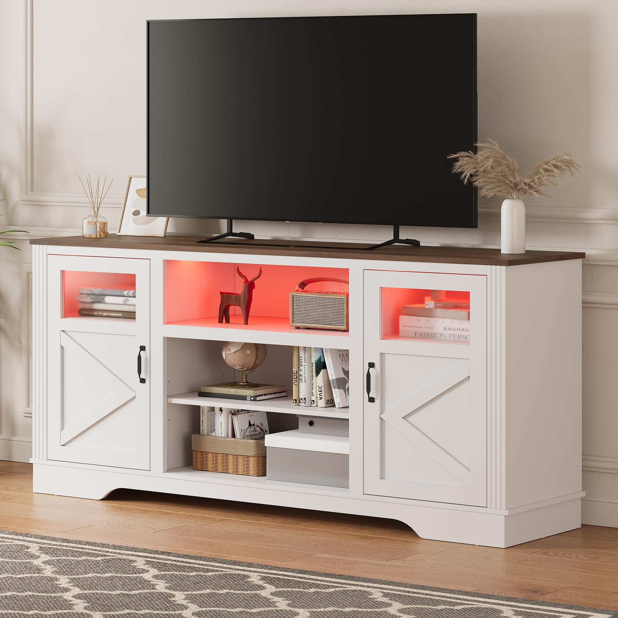 Farmhouse TV Stand with LED Lights, Entertainment Center for 65/60/55 ...