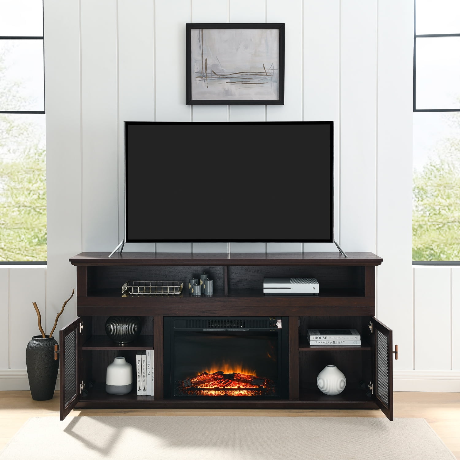 Farmhouse TV Stand, Modern Electric Fireplace TV Stand for TVs up to 65 ...