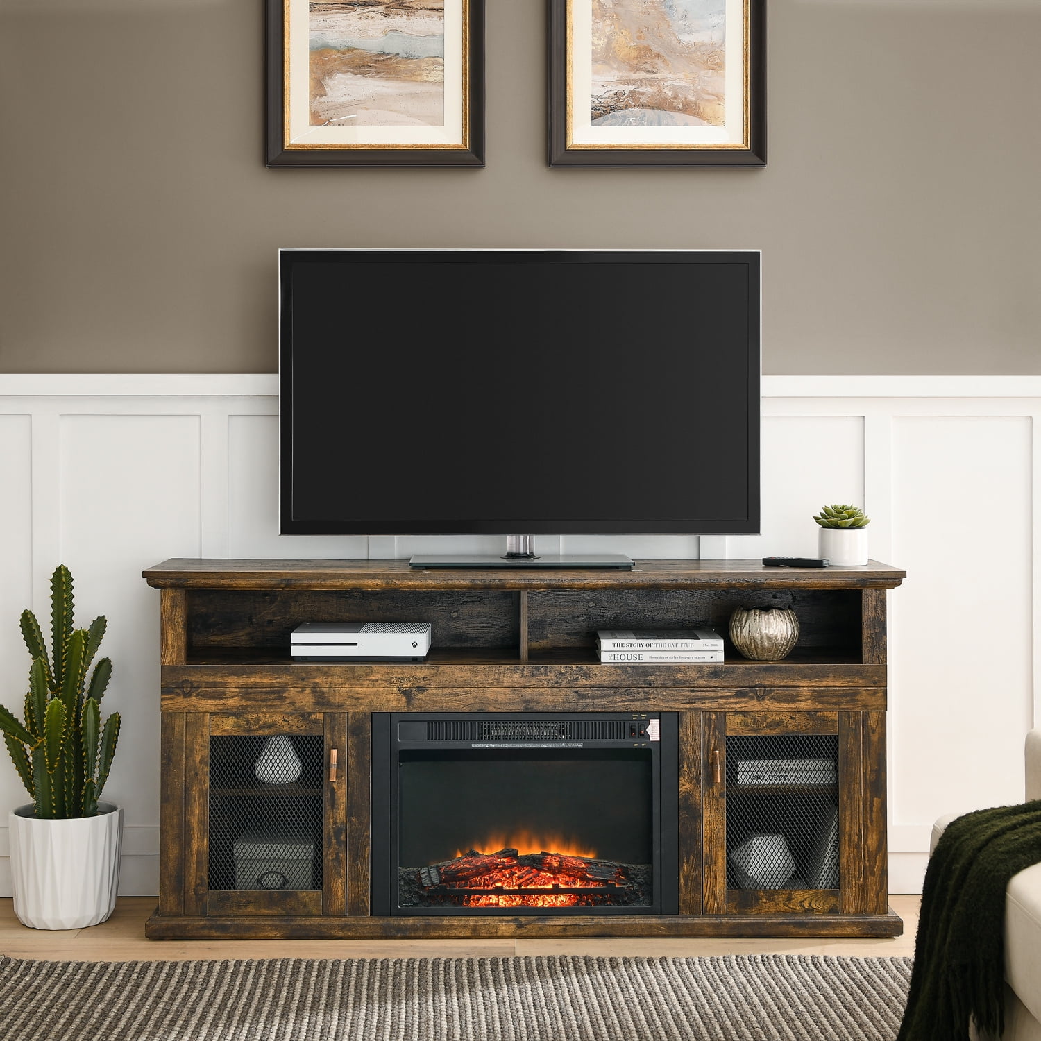 Farmhouse TV Stand, Modern Electric Fireplace TV Stand for TVs up to 65 ...