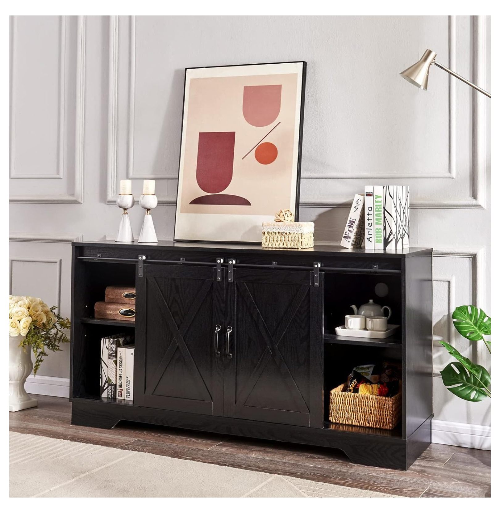 Farmhouse TV Stand Sliding Barn Door Century Modern Entertainment ...