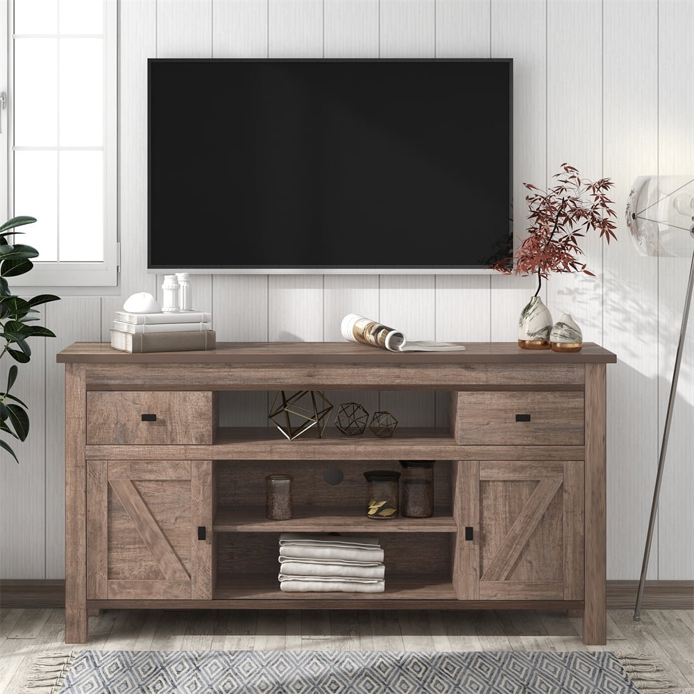 Farmhouse TV Stand with Sliding Barn Door, Entertainment Center Media ...
