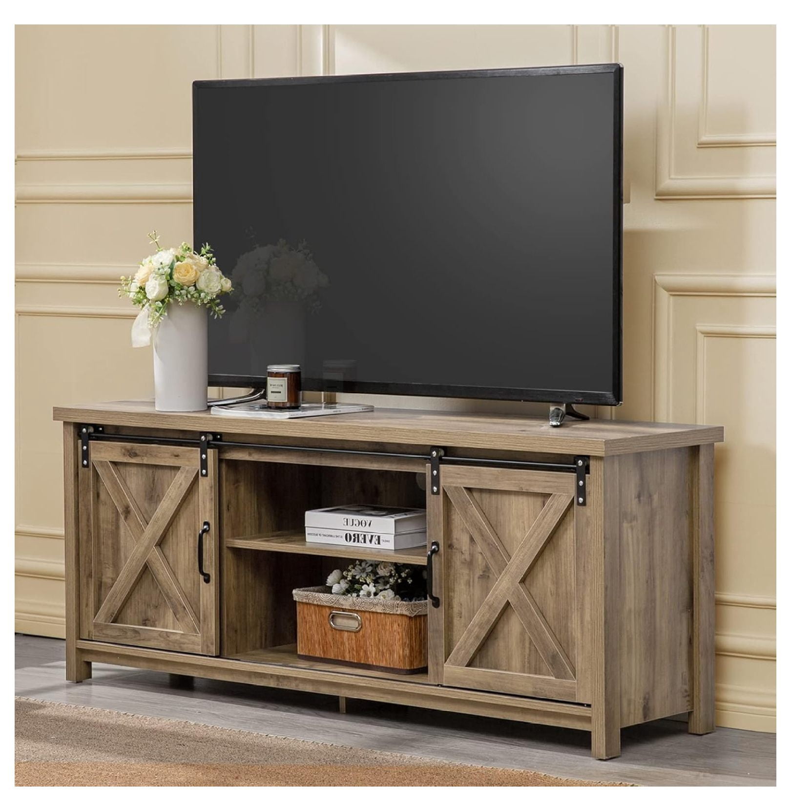Farmhouse TV Stand with Sliding Barn Doors, Media Entertainment Center ...