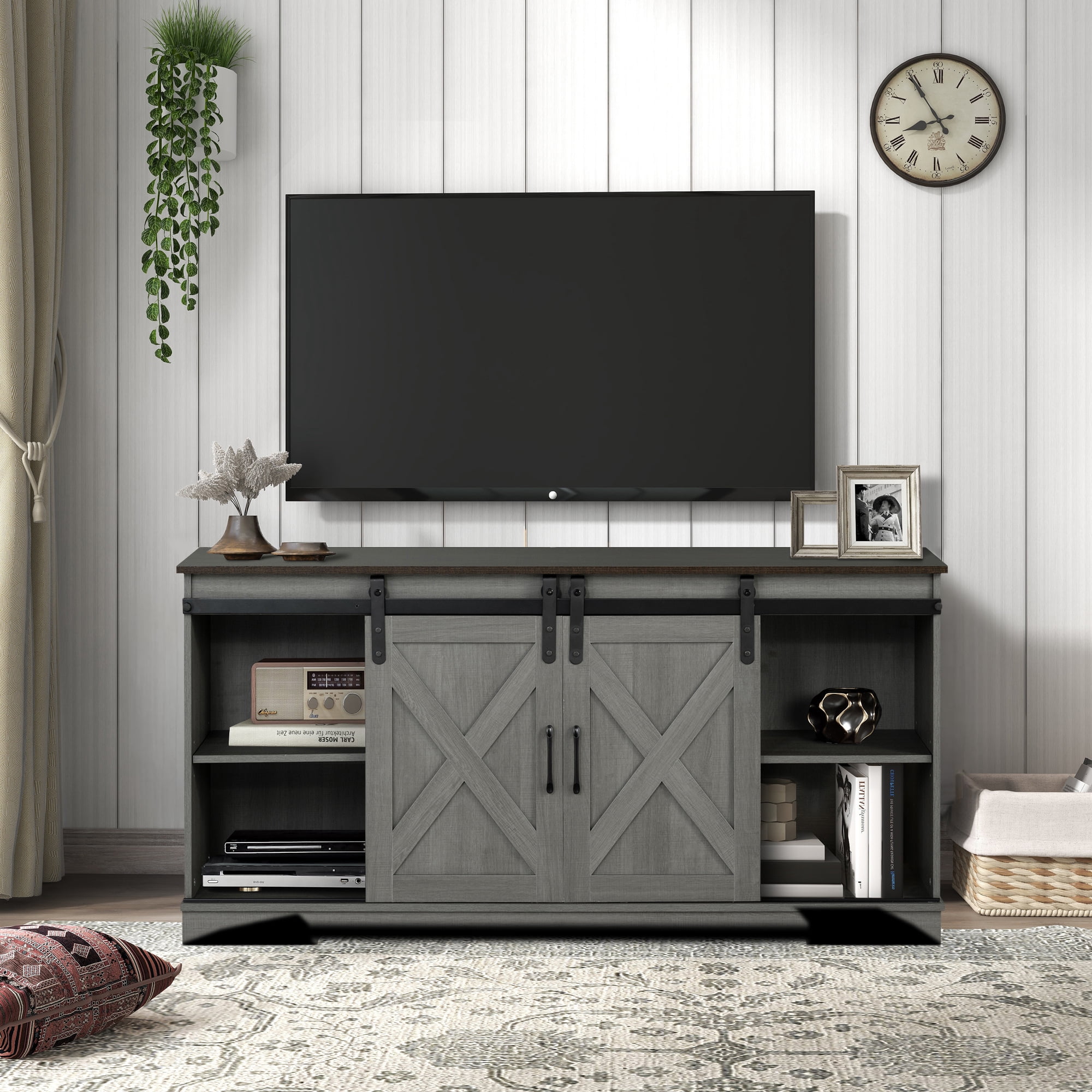 Farmhouse TV Stand with Sliding Barn Doors, Media Entertainment Center Console Table for TVs up ...