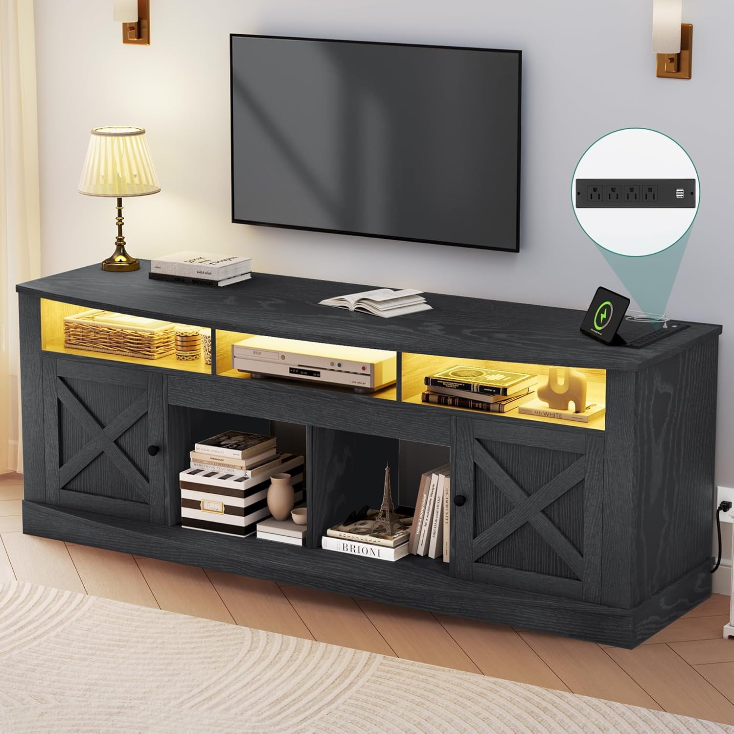 Farmhouse TV Stand for TVS up to 80 Inch, Entertainment Center with ...