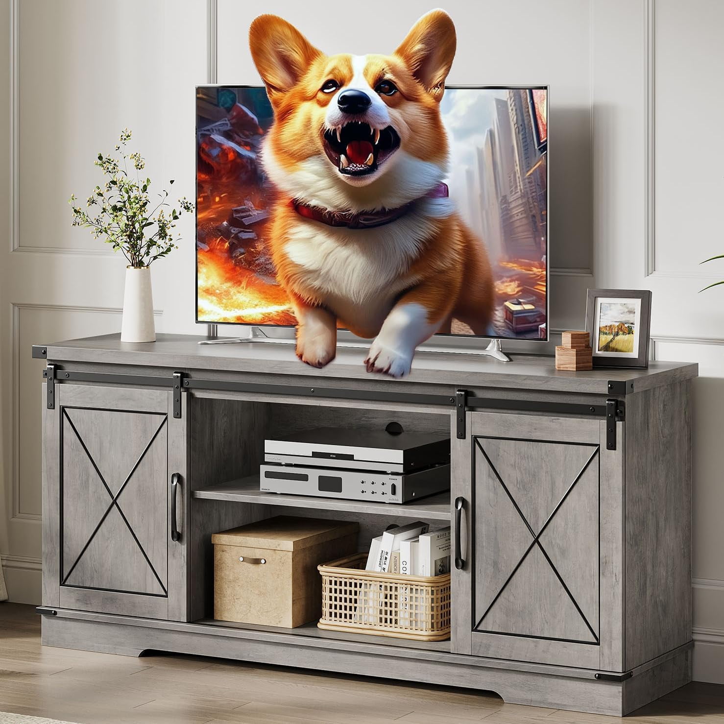 Farmhouse TV Stand for TVs up to 50 Inch, Media Entertainment Center ...