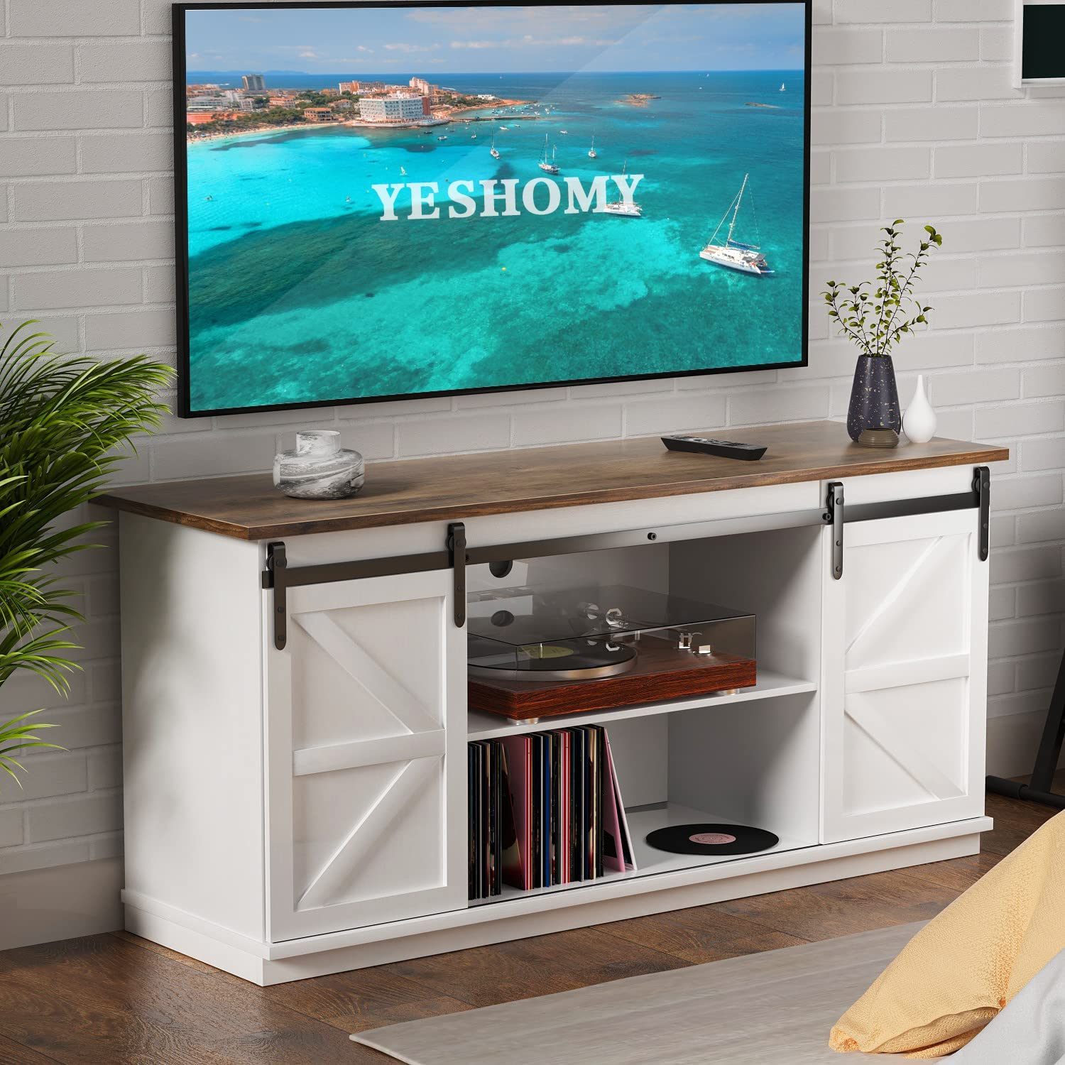 Farmhouse TV Stand for TVs up to 65 Inch, 58 Media Console with Sliding ...