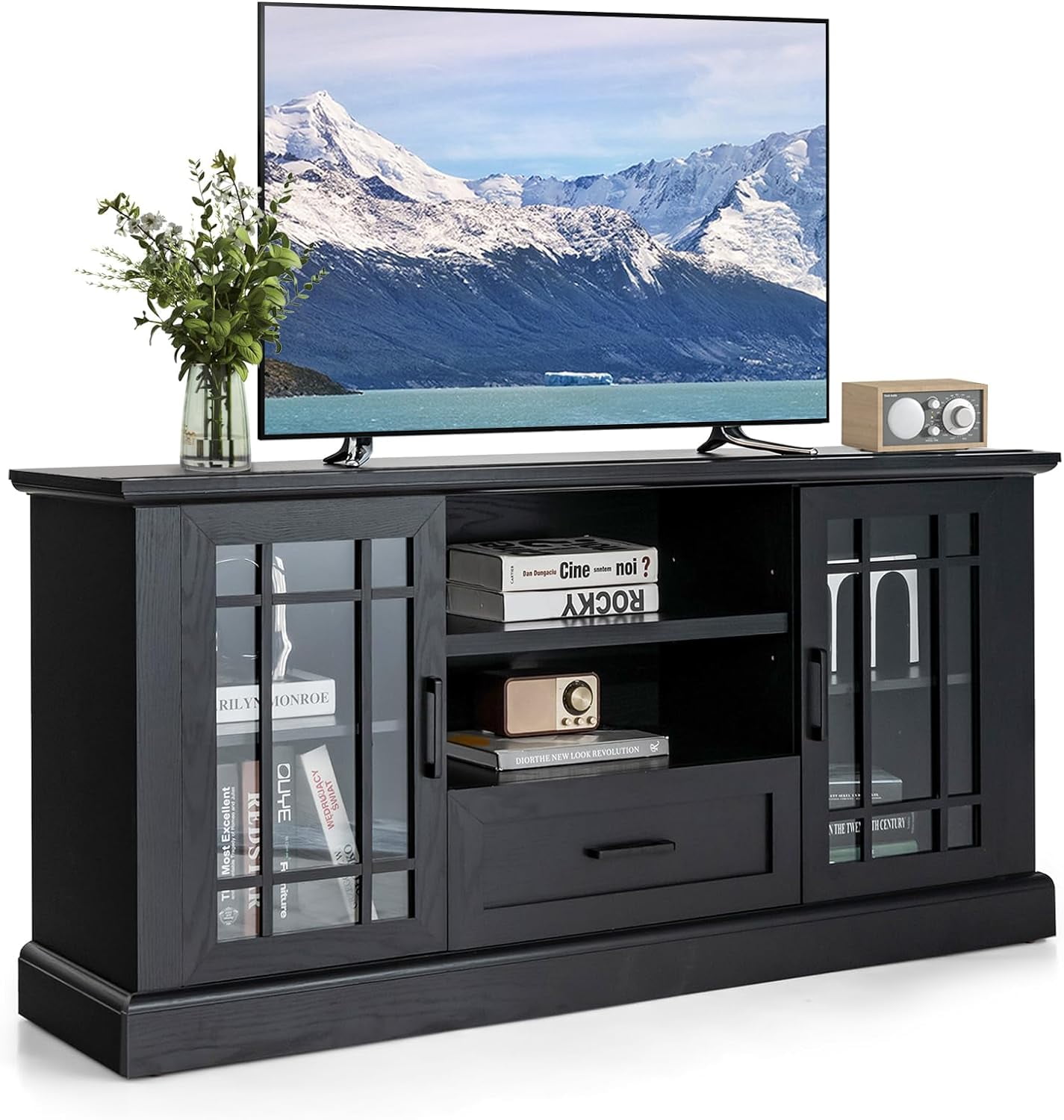 Farmhouse TV Stand for TVs up to 70 Inch, Tall TV Console w/2 Glass ...