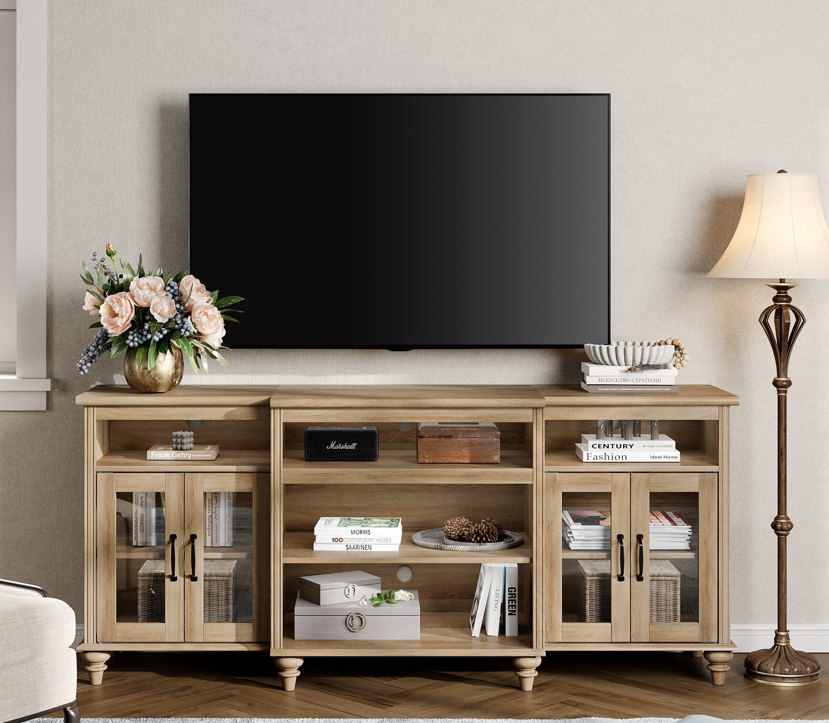 Farmhouse TV Stand for TVs Up to 75 inch, 4-Door Glass and Wood ...