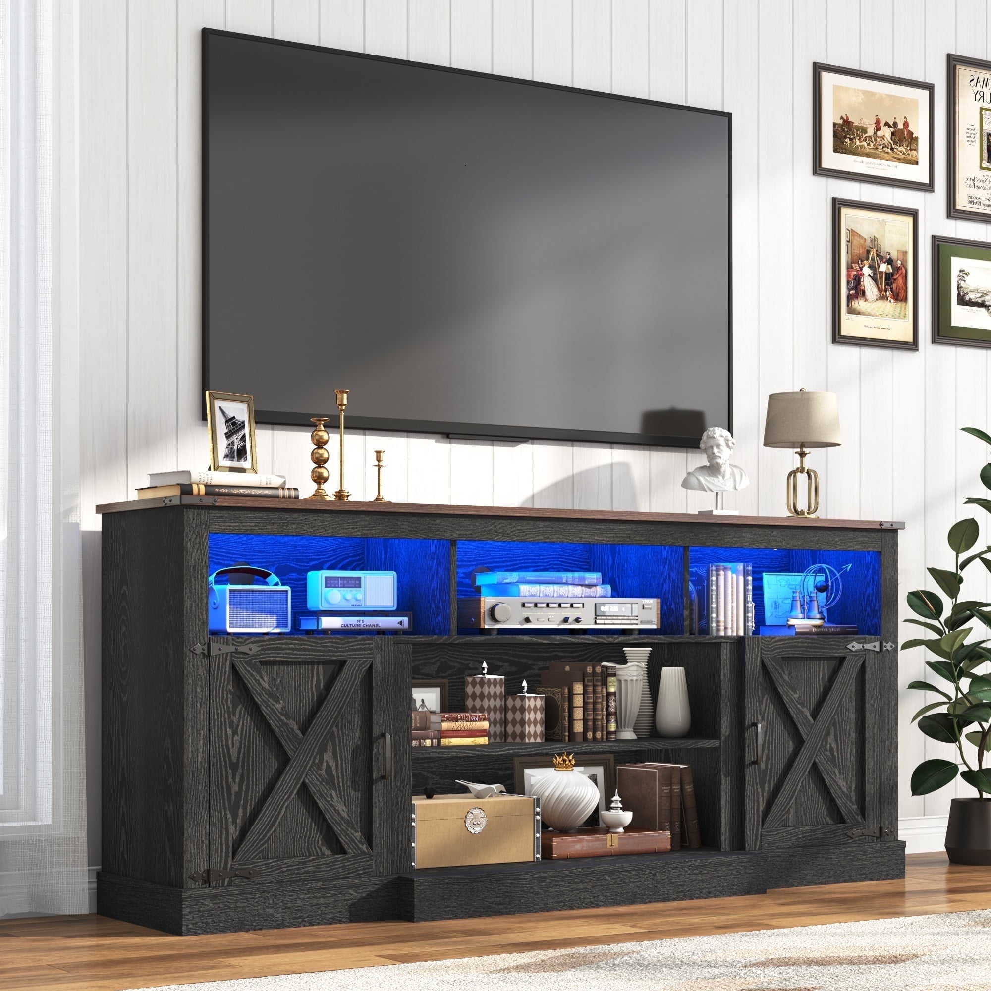 71" Rustic Farmhouse TV Stand for 80" TVs - Black Media Console with ...
