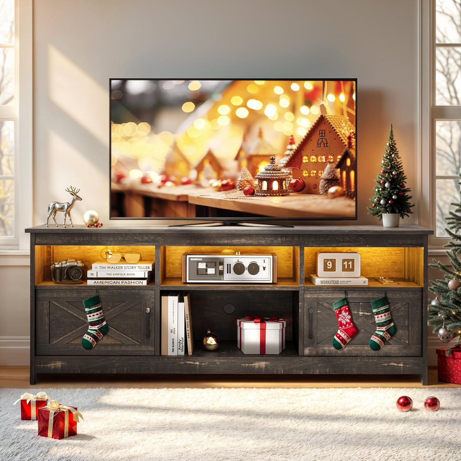Farmhouse TV Stand for TVs Up to 65 Inch, Entertainment Center with LED ...