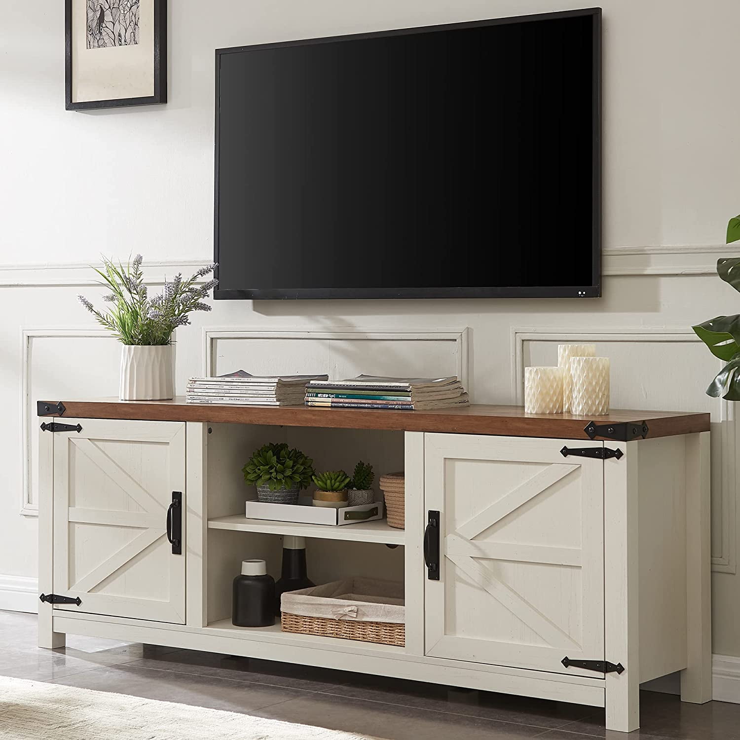Farmhouse TV Stand for TVs Up to 75 inches, Wood Barn Door Media ...