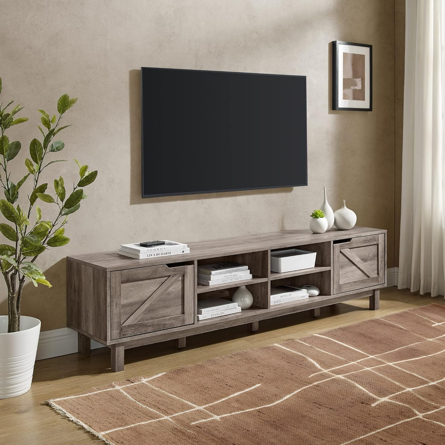 Farmhouse TV Stand for TVs Up to 80 inches, Wood Barn Door Media ...