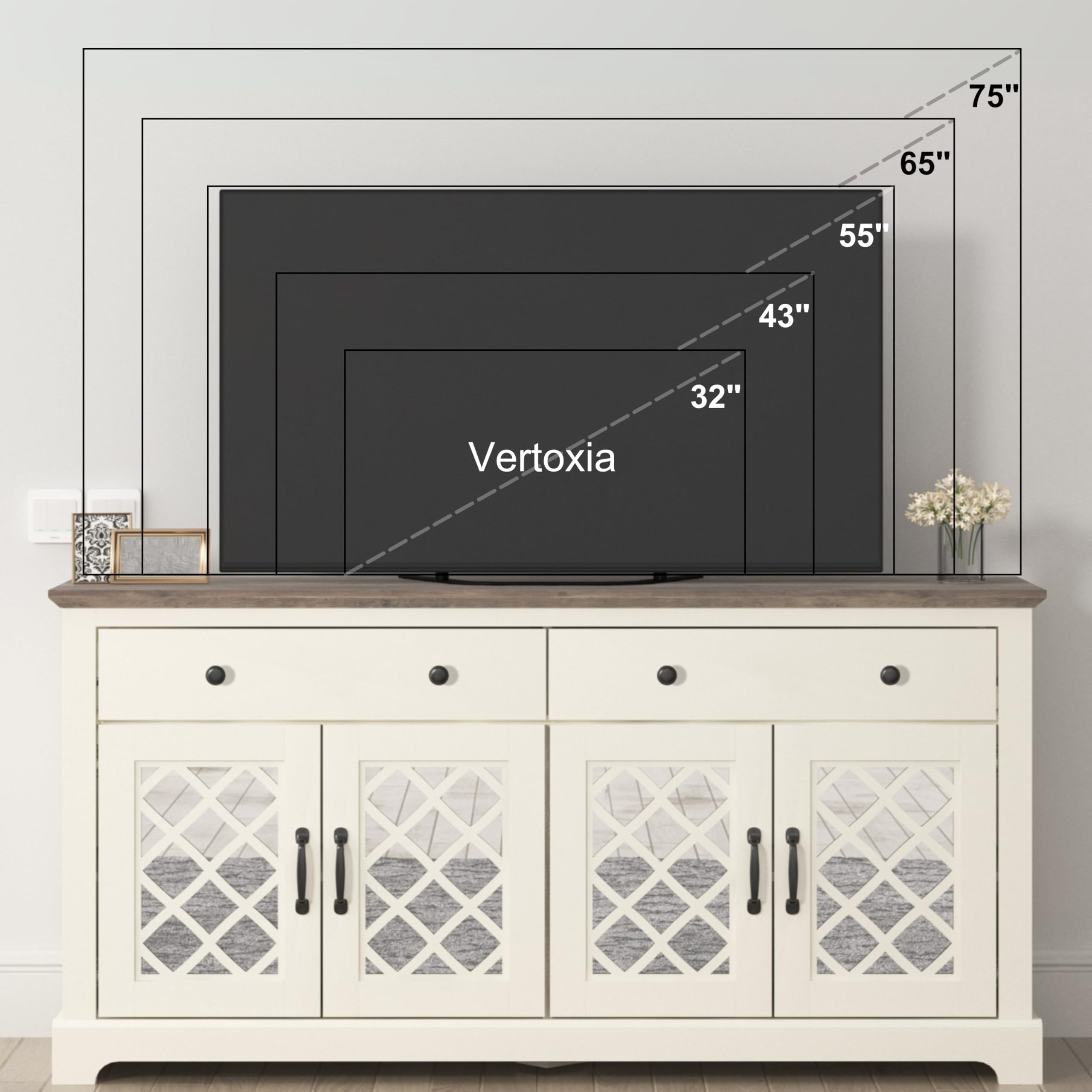 Farmhouse TV Stand for Television Up to 75 Inches, 4 Mirror Doors ...