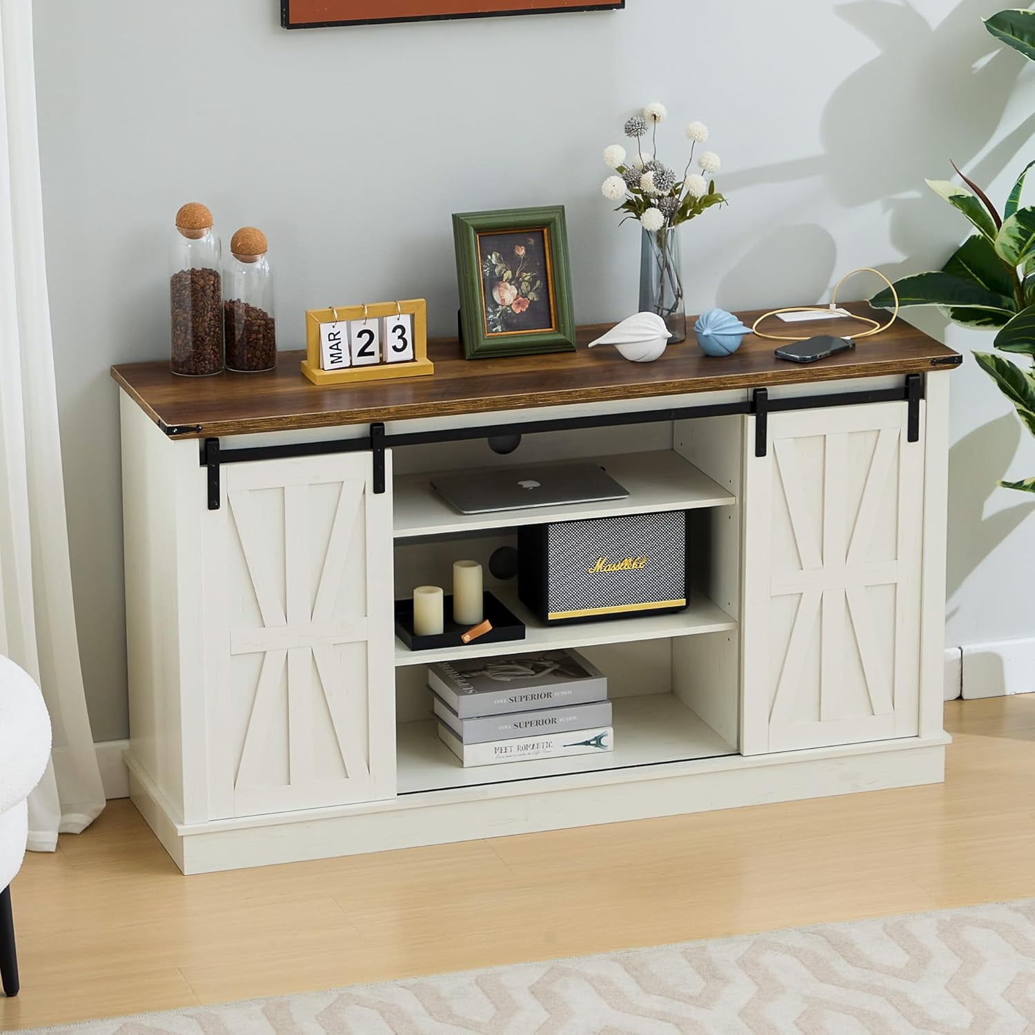 Farmhouse TV Stand, Wood Entertainment Center with Power Outlets Media ...
