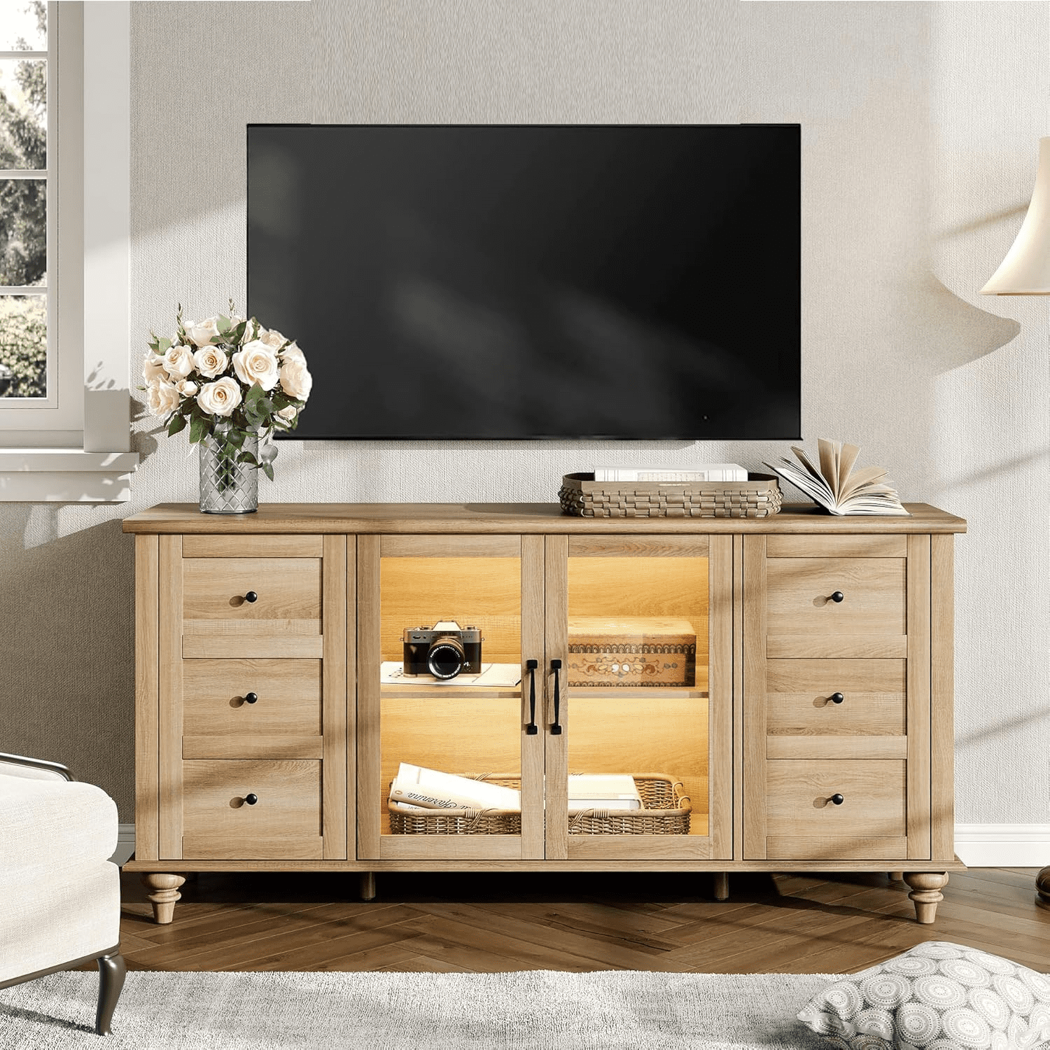 Farmhouse TV Stand with Yellow LED Light for TVs Wood Universal ...