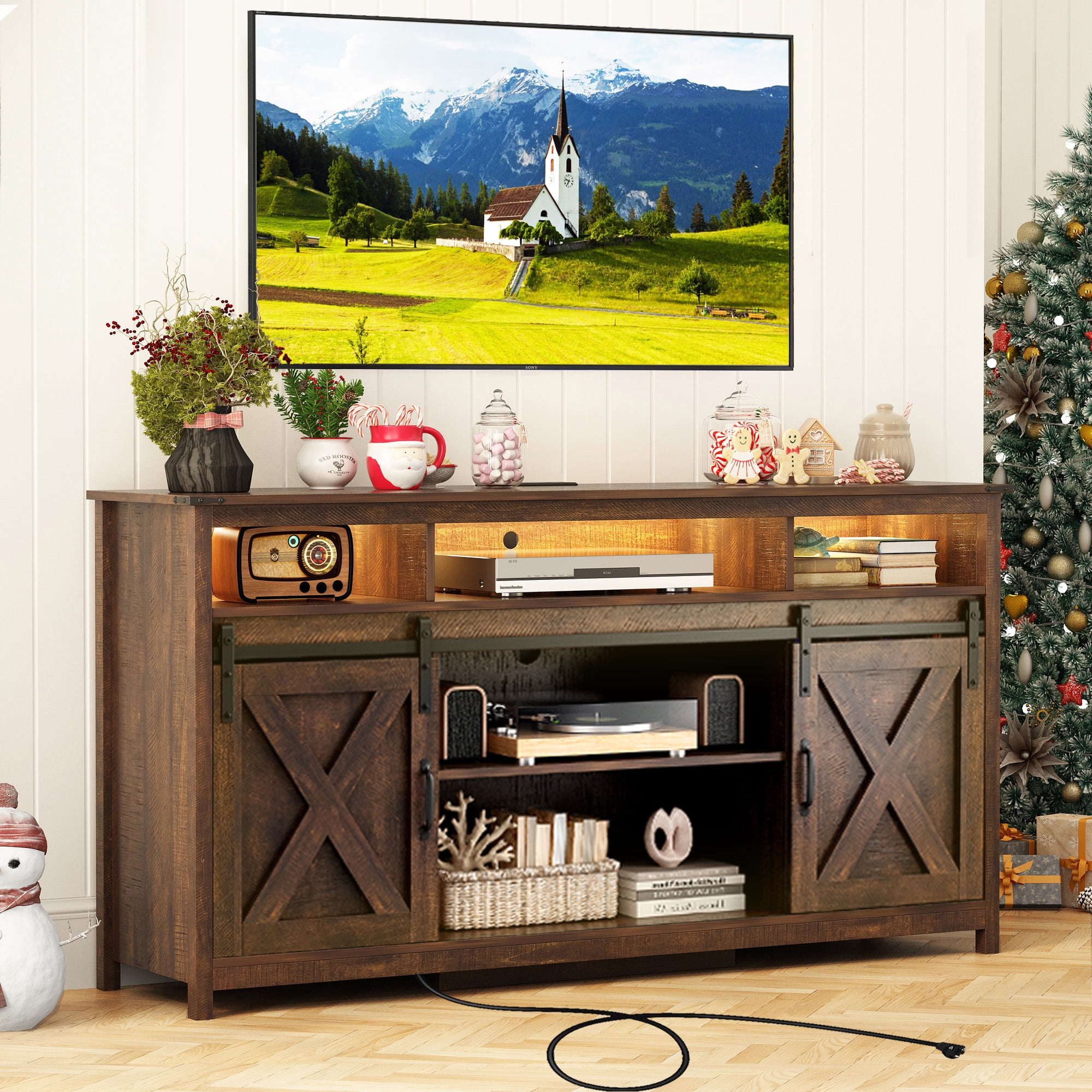Farmhouse TV Stand for 65" 70" TVs with LED Light/Outlets USB Ports, 61 ...