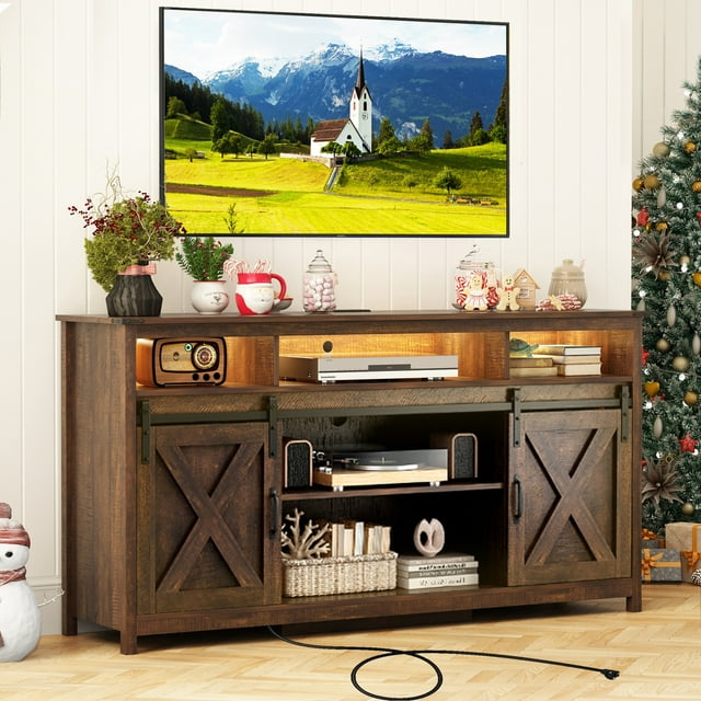 Farmhouse TV Stand for 65" 70" TVs with LED Light/Outlets USB Ports, 61 ...