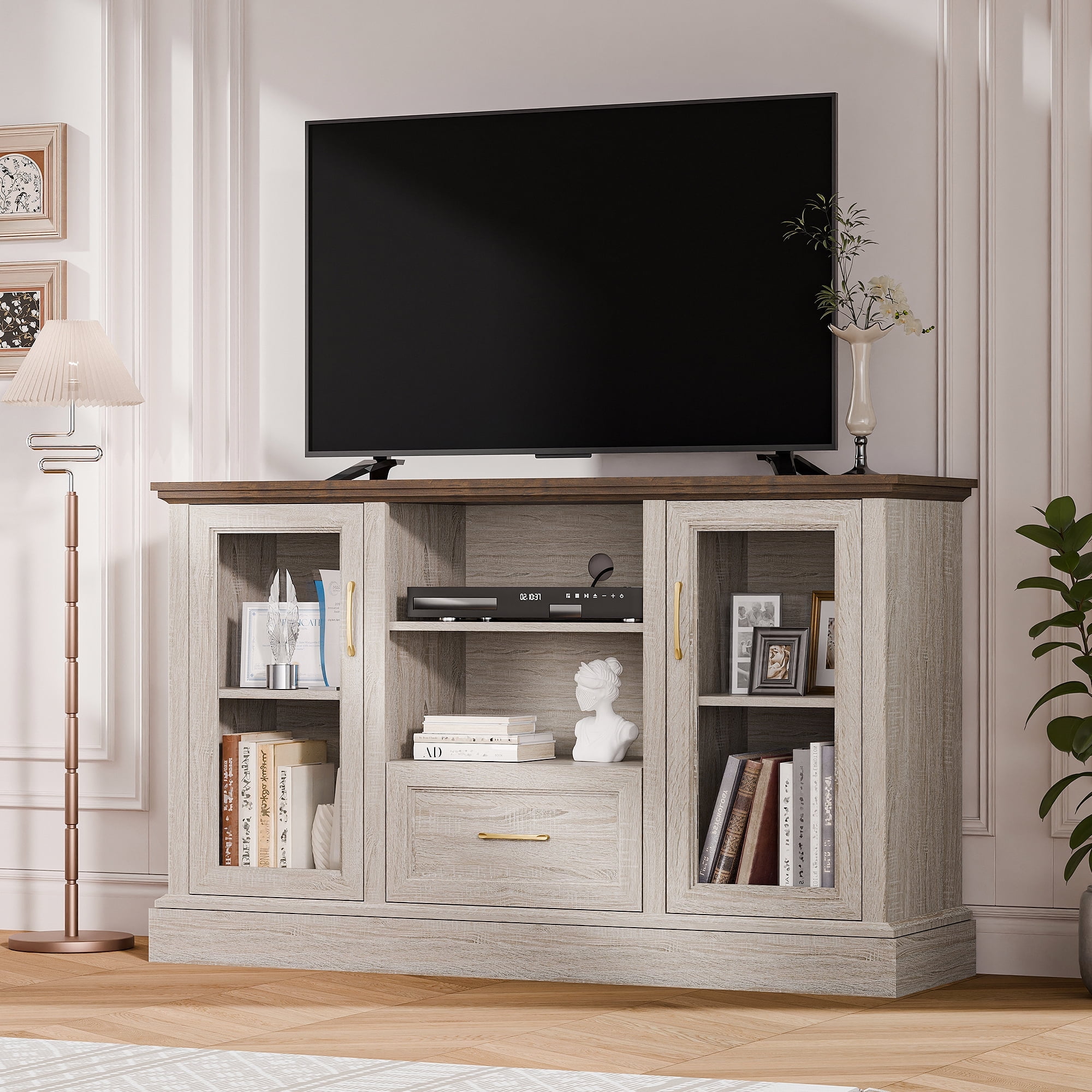 GETYES Farmhouse TV Stand for 65" TV, Wood Entertainment Center with ...