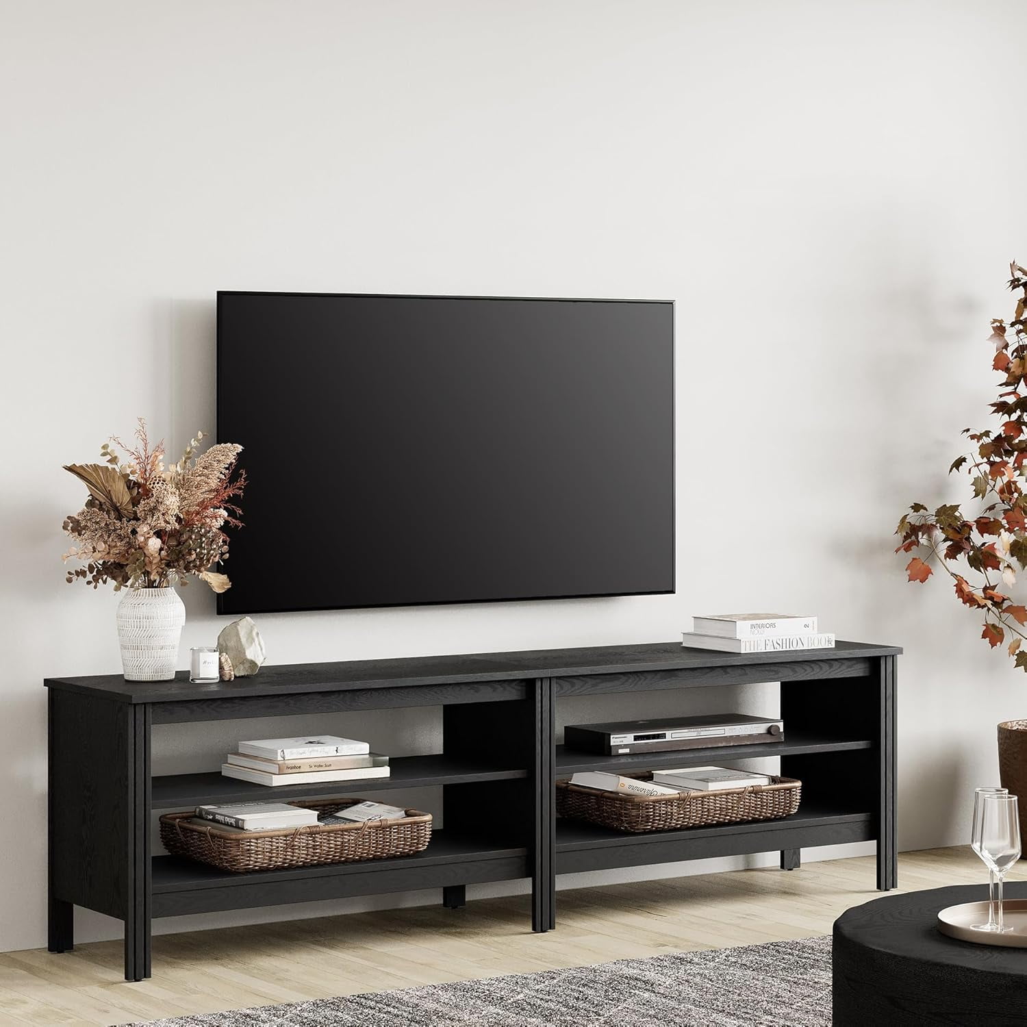 Farmhouse TV Stand for 75 Inch TV Entertainment Center Black TV Console ...