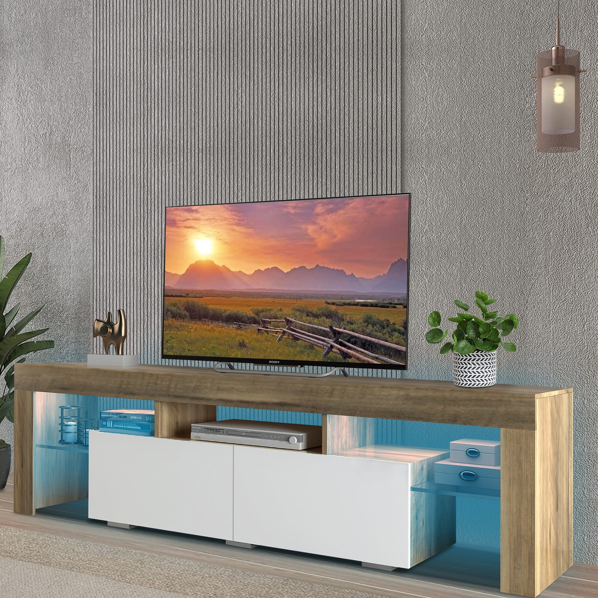 SYNGAR Gray Walnut+White TV Stand for 70 inch TV, Rustic Wooden TV ...