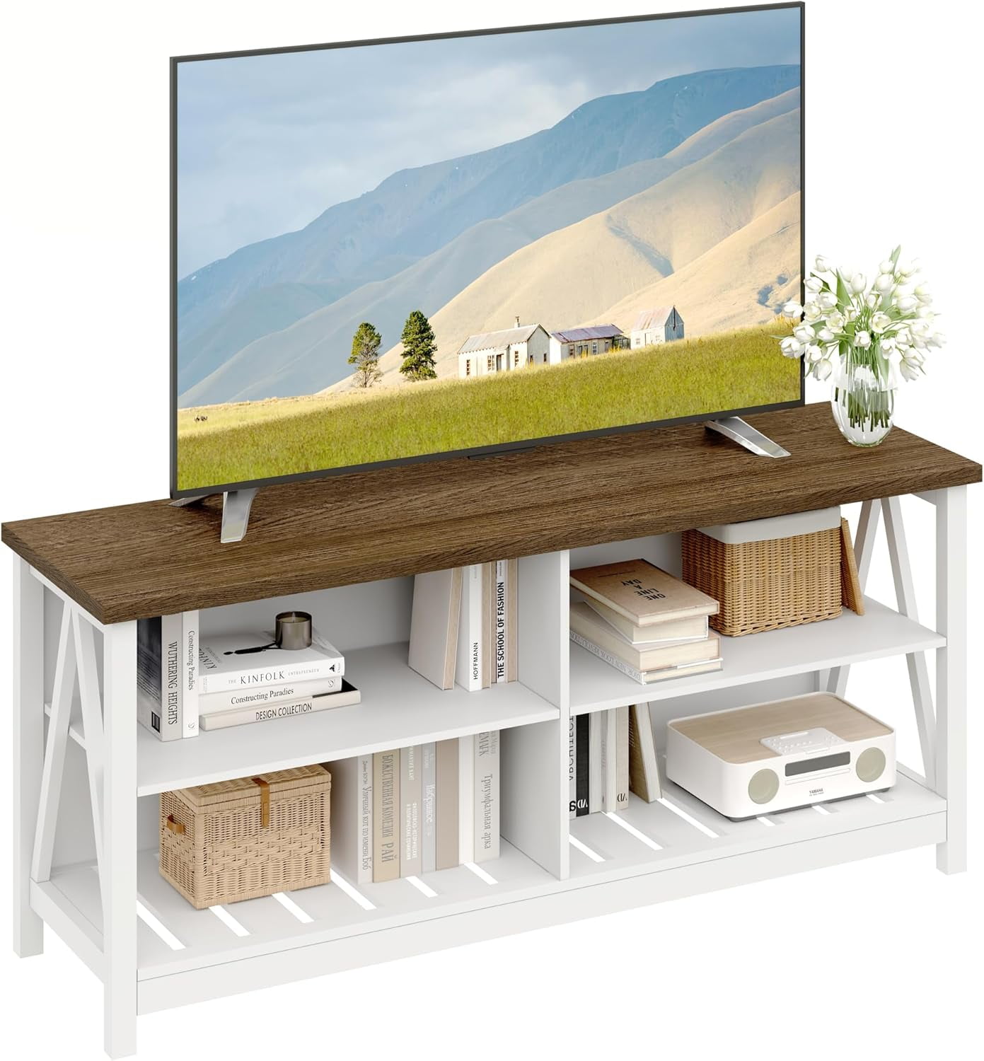 Farmhouse TV Stand for TVs up to 55 Inch, Modern Center with 4 Open ...