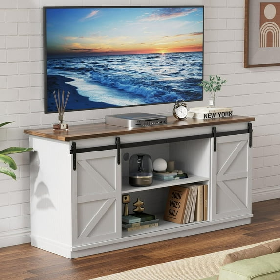Farmhouse TV Stand for TVs up to 65 Inches, Sliding Barn Doors and ...