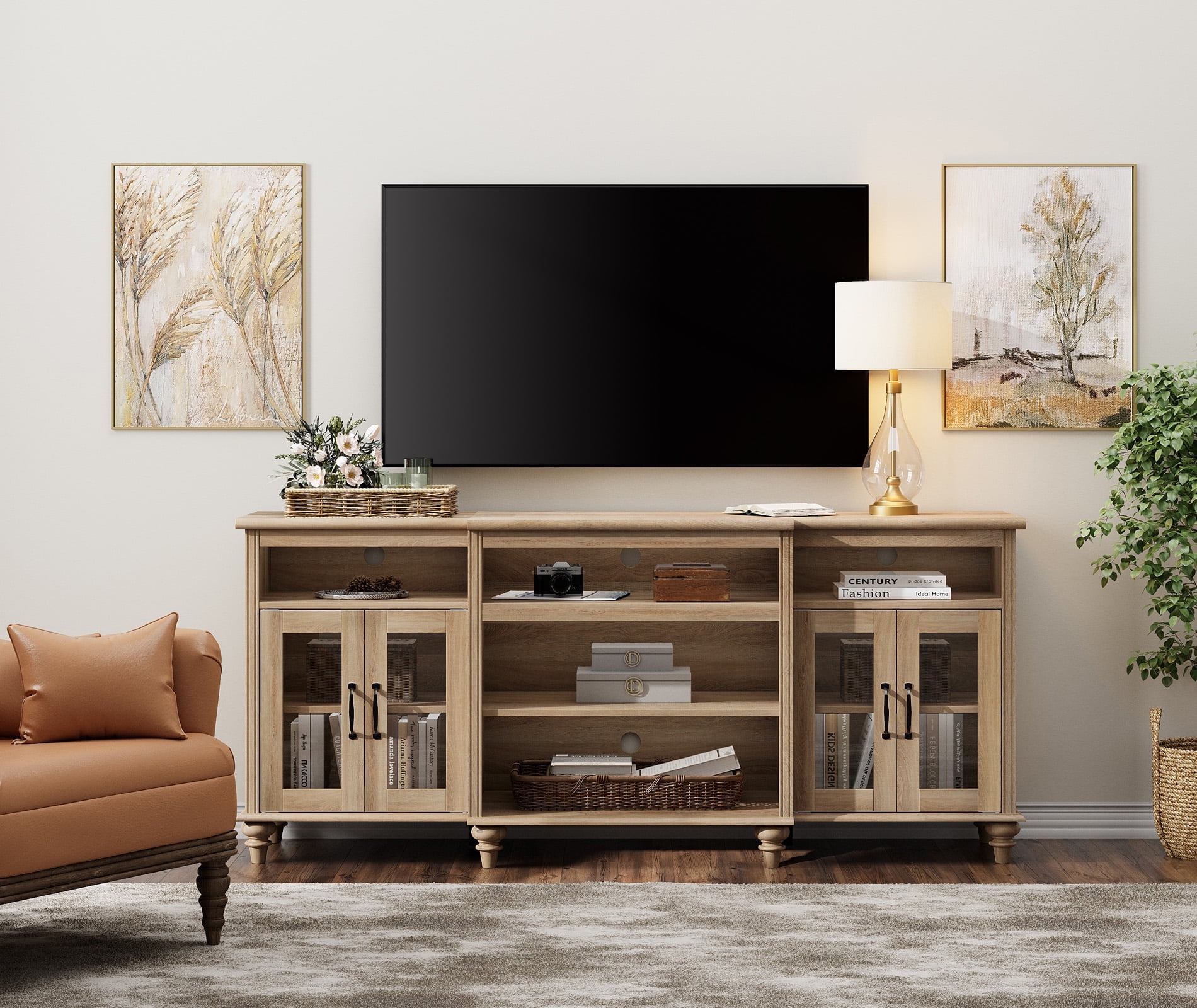 Farmhouse TV Stand with 4-Door Glass, Oak Entertainment Center Table ...