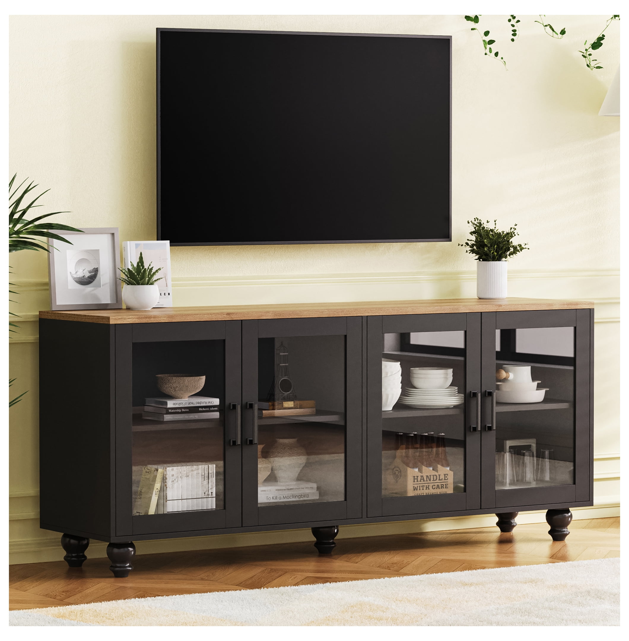 Farmhouse TV Stand with Glass Doors - 70 Inch TV Console, Black Buffet ...