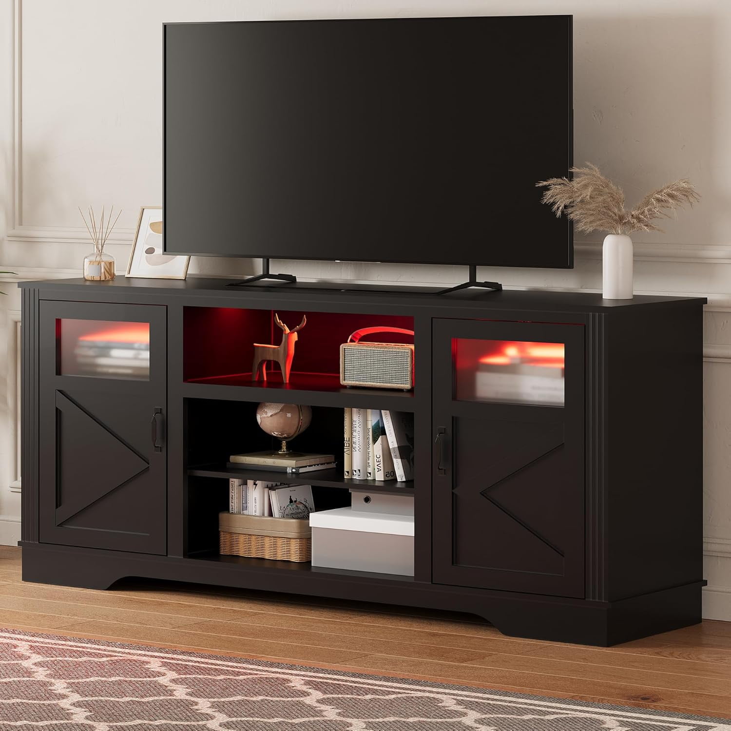 Farmhouse TV Stand with LED Lights, Entertainment Center for TV up to ...