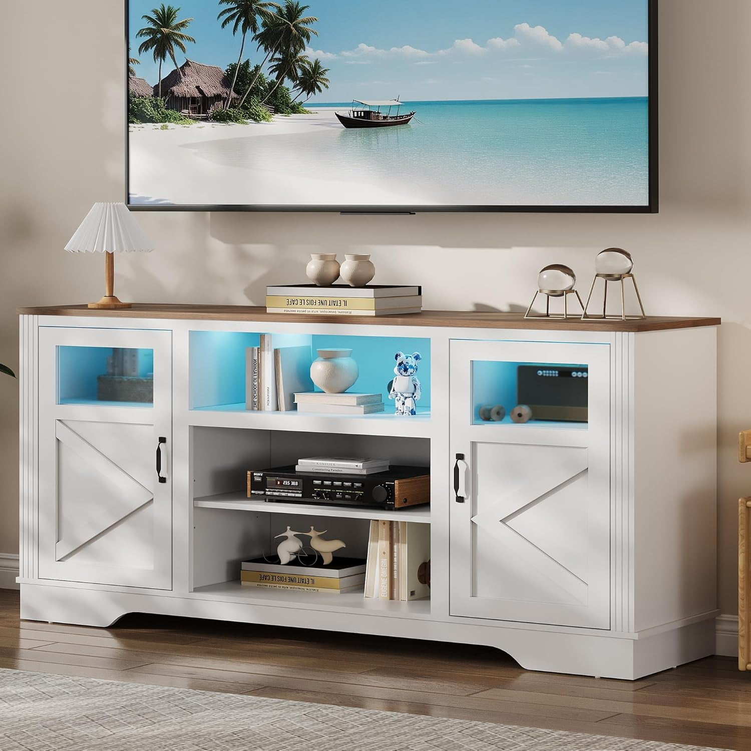 Farmhouse TV Stand with LED Lights - Stylish Entertainment Center for TVs Up to 65 Inches, White ...
