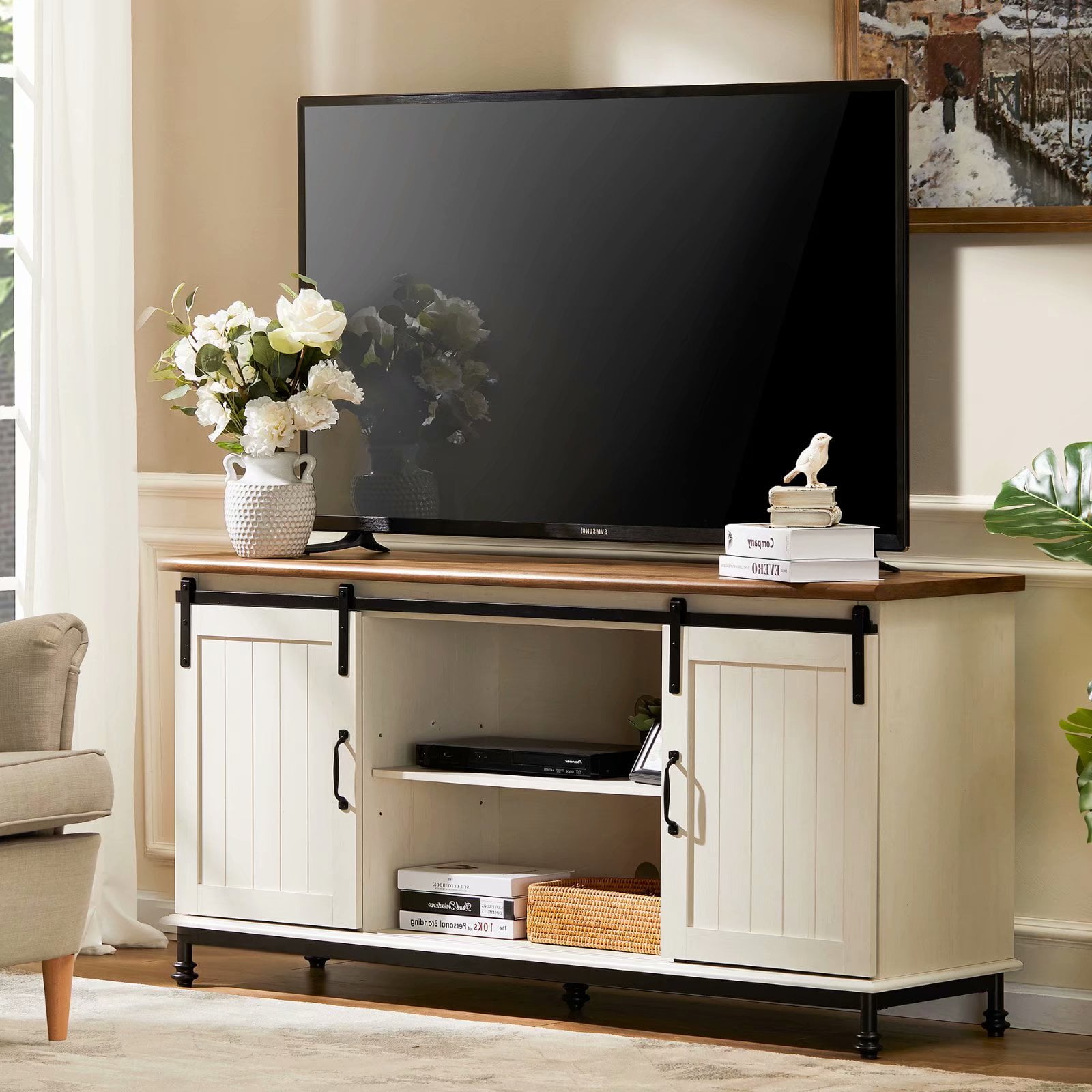 Farmhouse TV Stand with Sliding Barn Door, Entertainment Center for TV ...