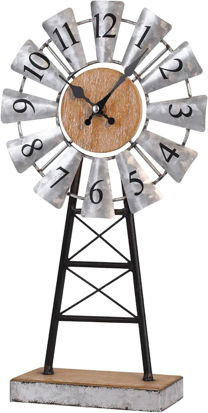 Farmhouse Table Clock on Stand, Galvanized Windmill Vintage Clock ...